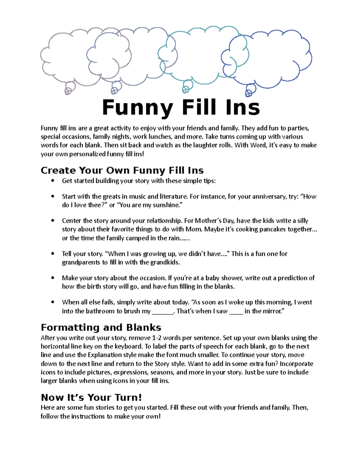 Fun fill-in story - Microsoft Word - Funny Fill Ins Funny fill ins are ...