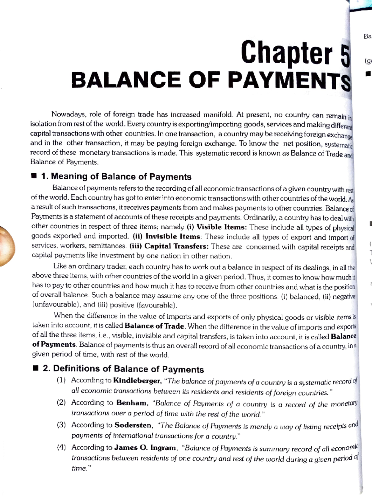 Eco balance of payments - Chapter 5 BALANCE OF PAYMENTS Nowadays, role of foreign trade has ...