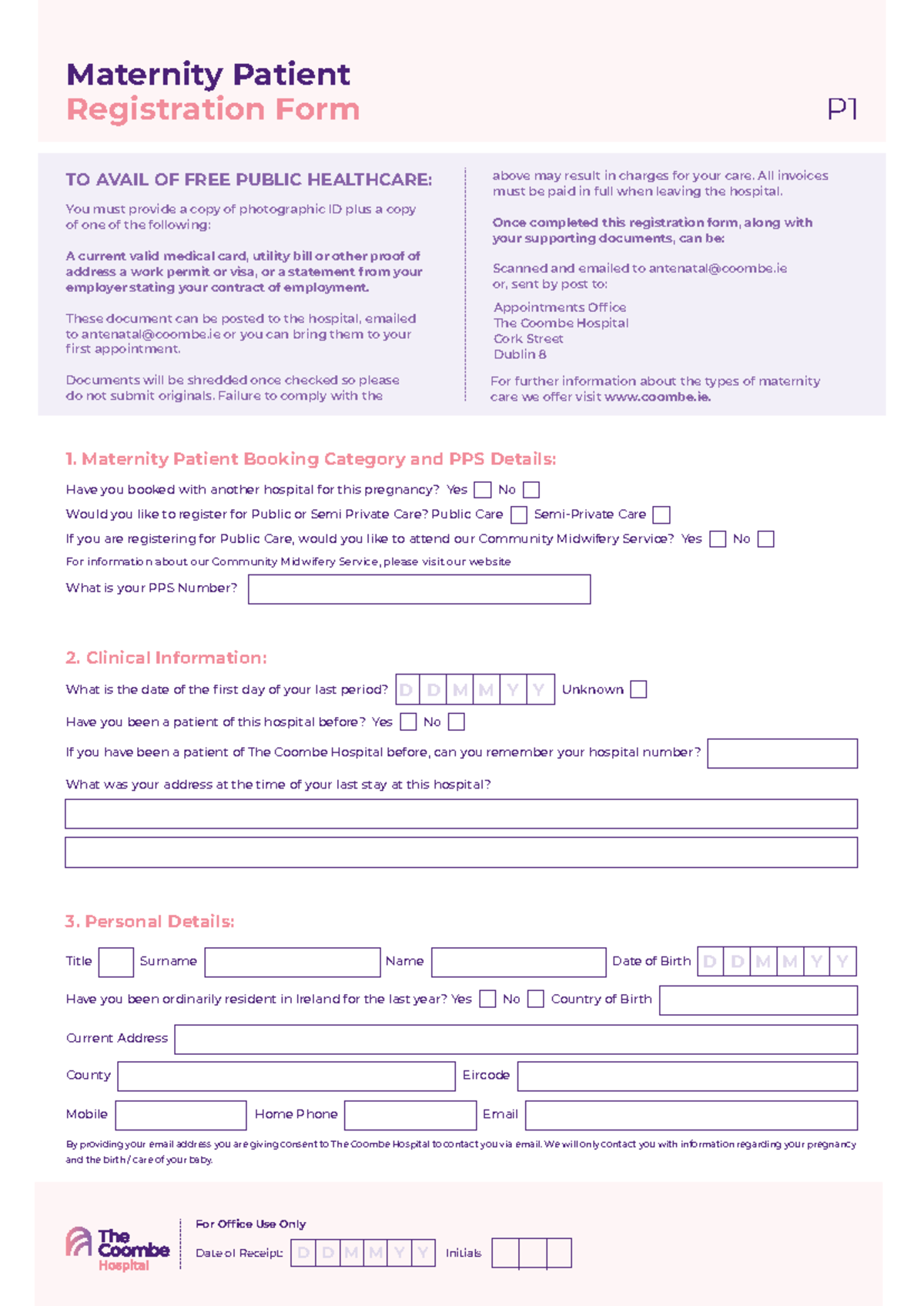The+Coombe Maternity Reg Form+A4 FA Web+ - Maternity Patient Registration Form P For Office Use ...