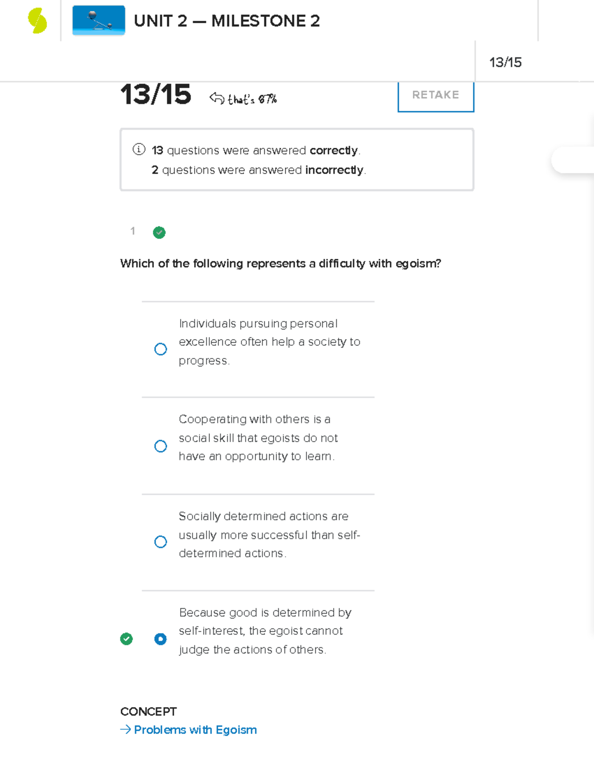 PHL-212 Intro to Ethics Milestone 2 score 87% - 1 CONCEPT → Problems ...
