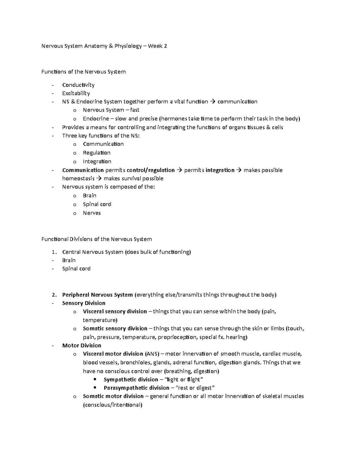 Week 2 Anatomy - intro/definitions - Nervous System Anatomy ...
