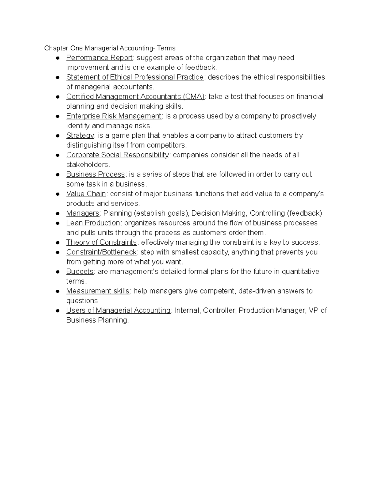 Chapter One Managerial Accounting- Terms - Statement of Ethical ...