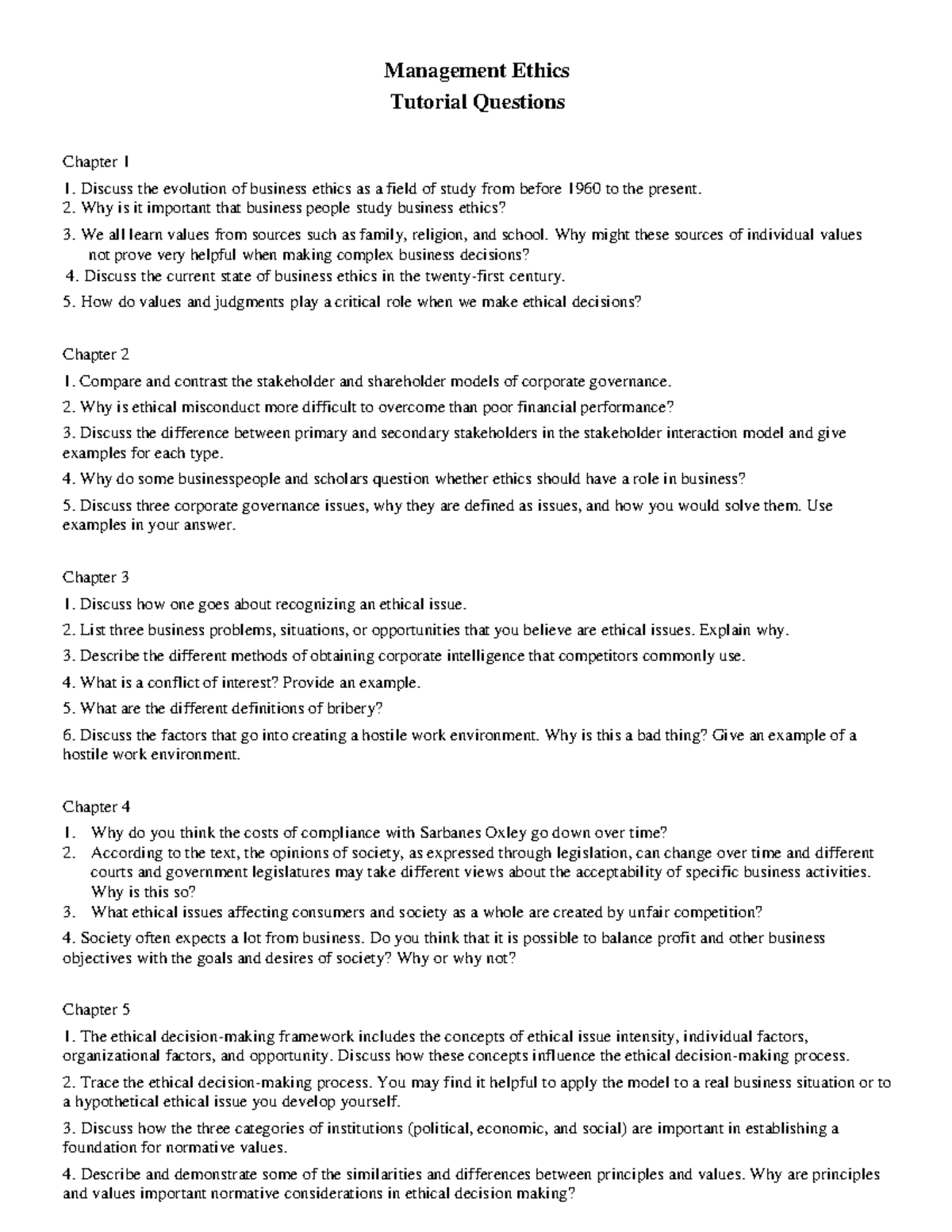 Tutorial Questions Đạo Đức trong Kinh doanh - Management Ethics ...