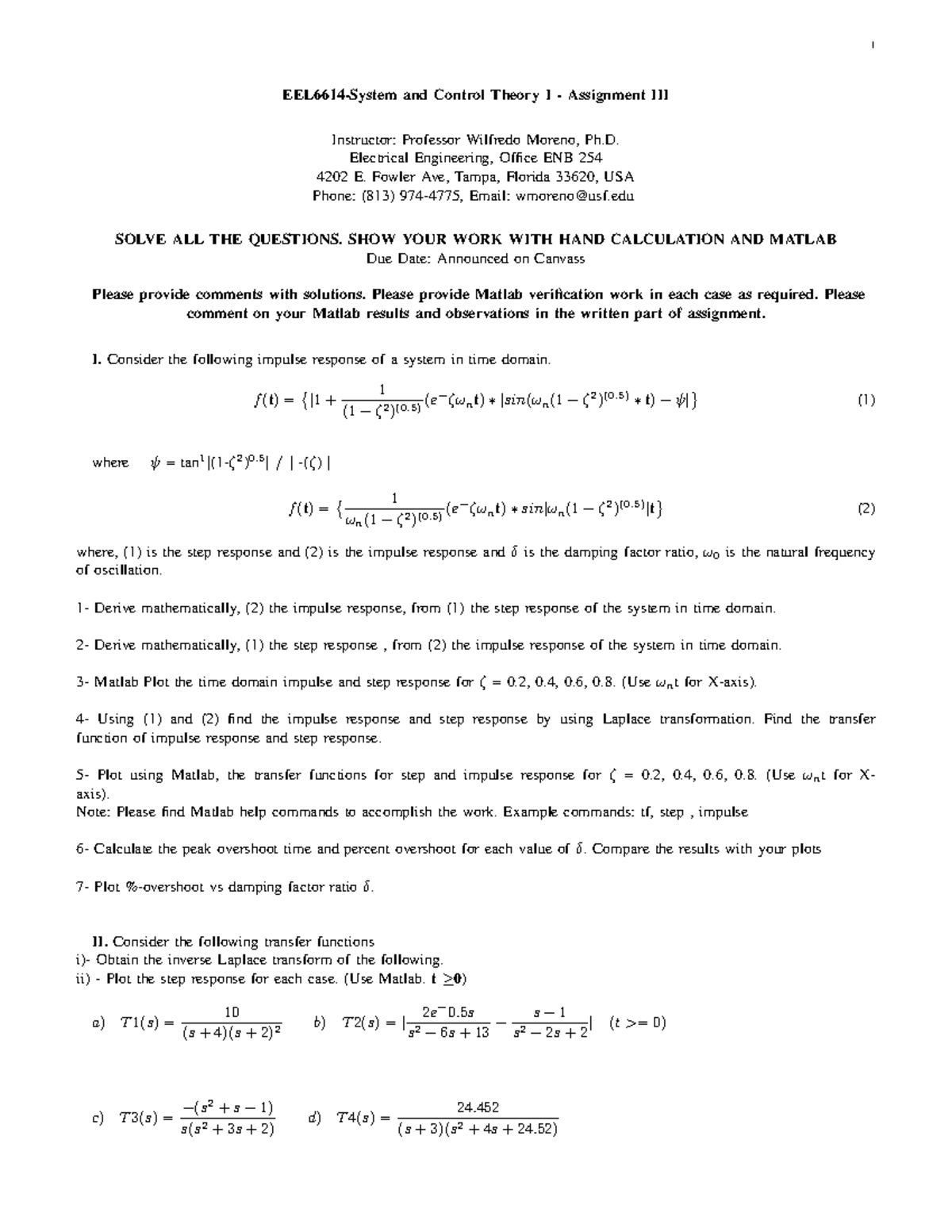 EEL6614 Control System Theory II Home Work III - 1 EEL6614-System and Control Theory I ...
