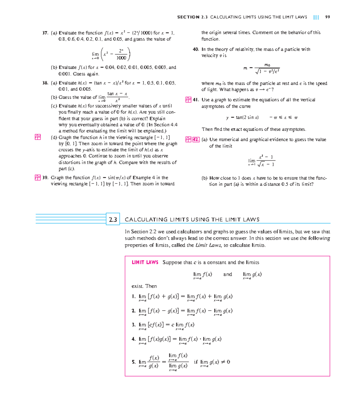Math ch 2-3 - math work - SECTION 2 CALCULATING LIMITS USING THE LIMIT LAWS | | | | 99 ...