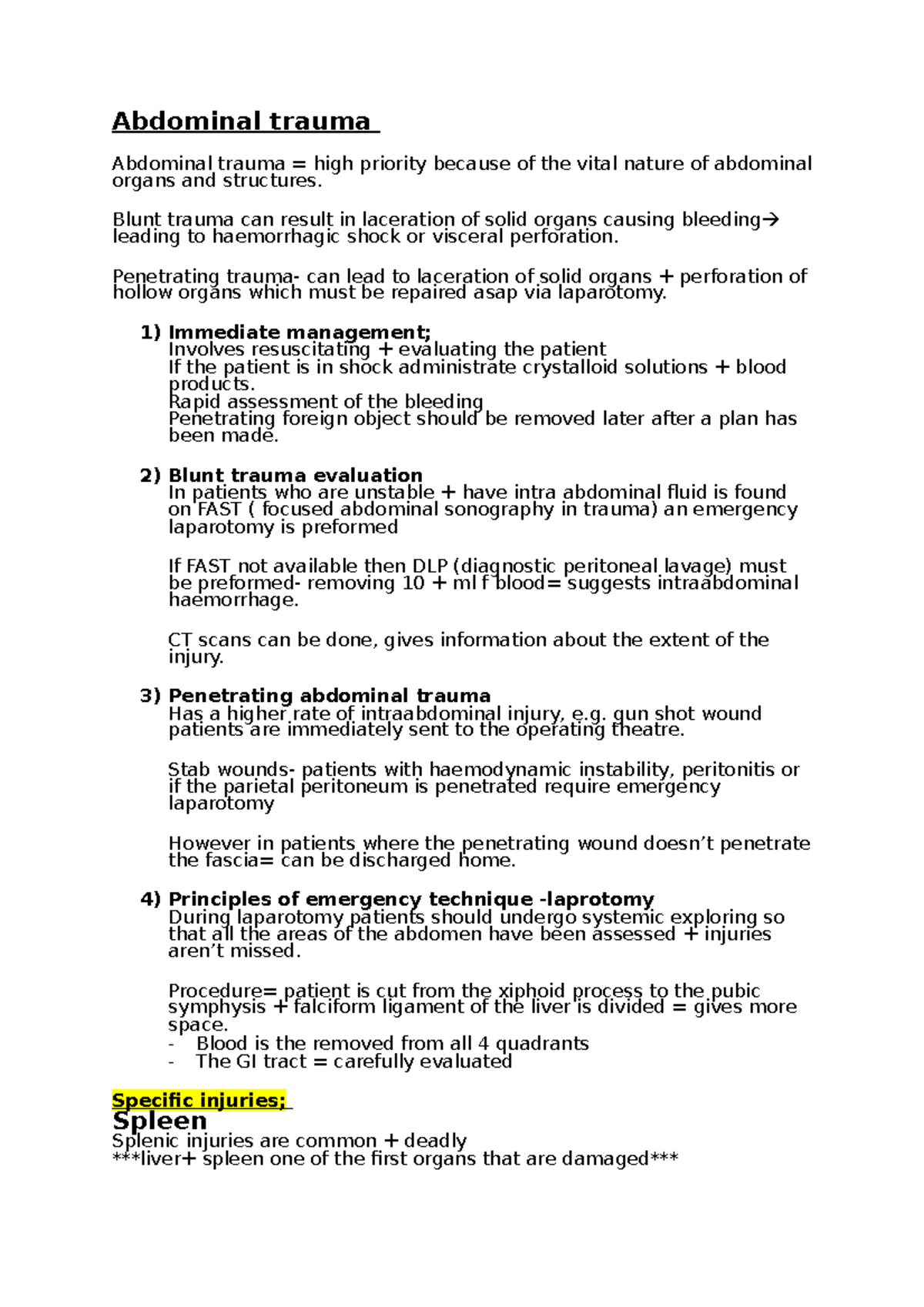 Abdominal trauma - notes - Abdominal trauma Abdominal trauma = high ...