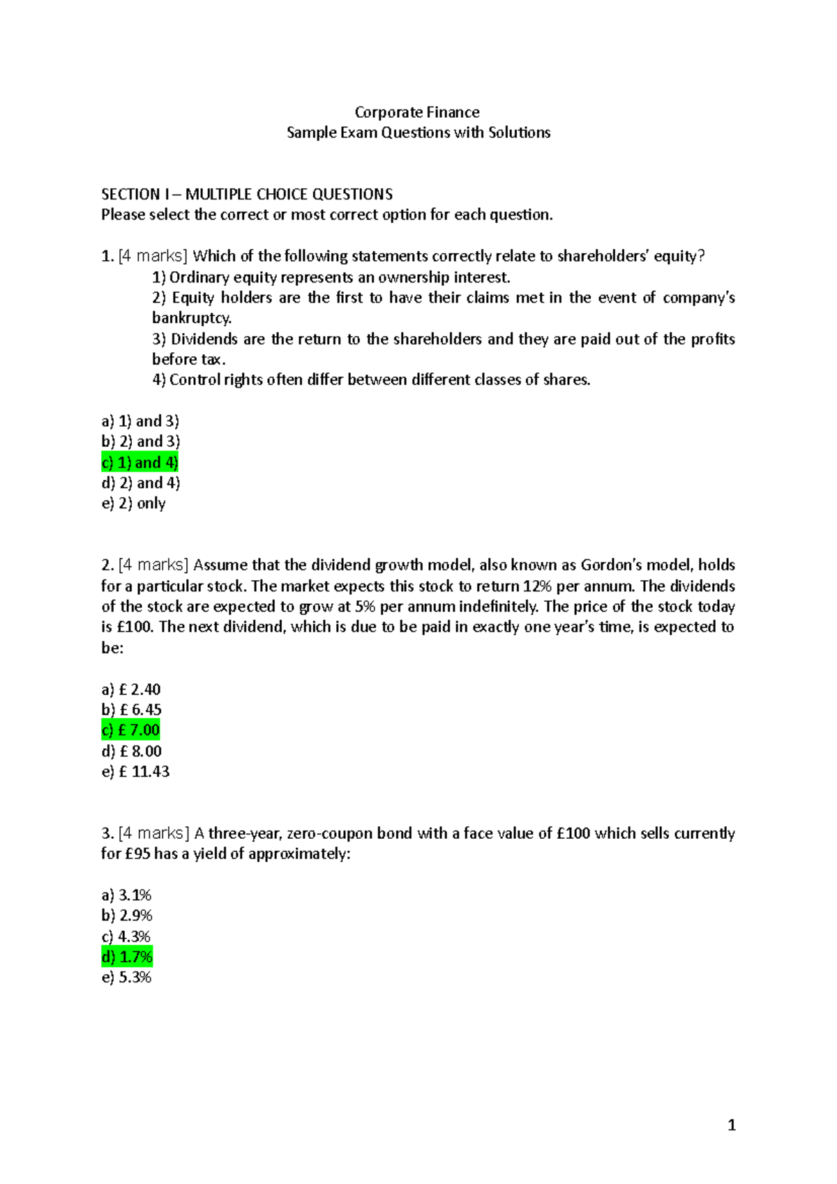 Sample/practice exam 2020, questions and answers - Corporate Finance ...