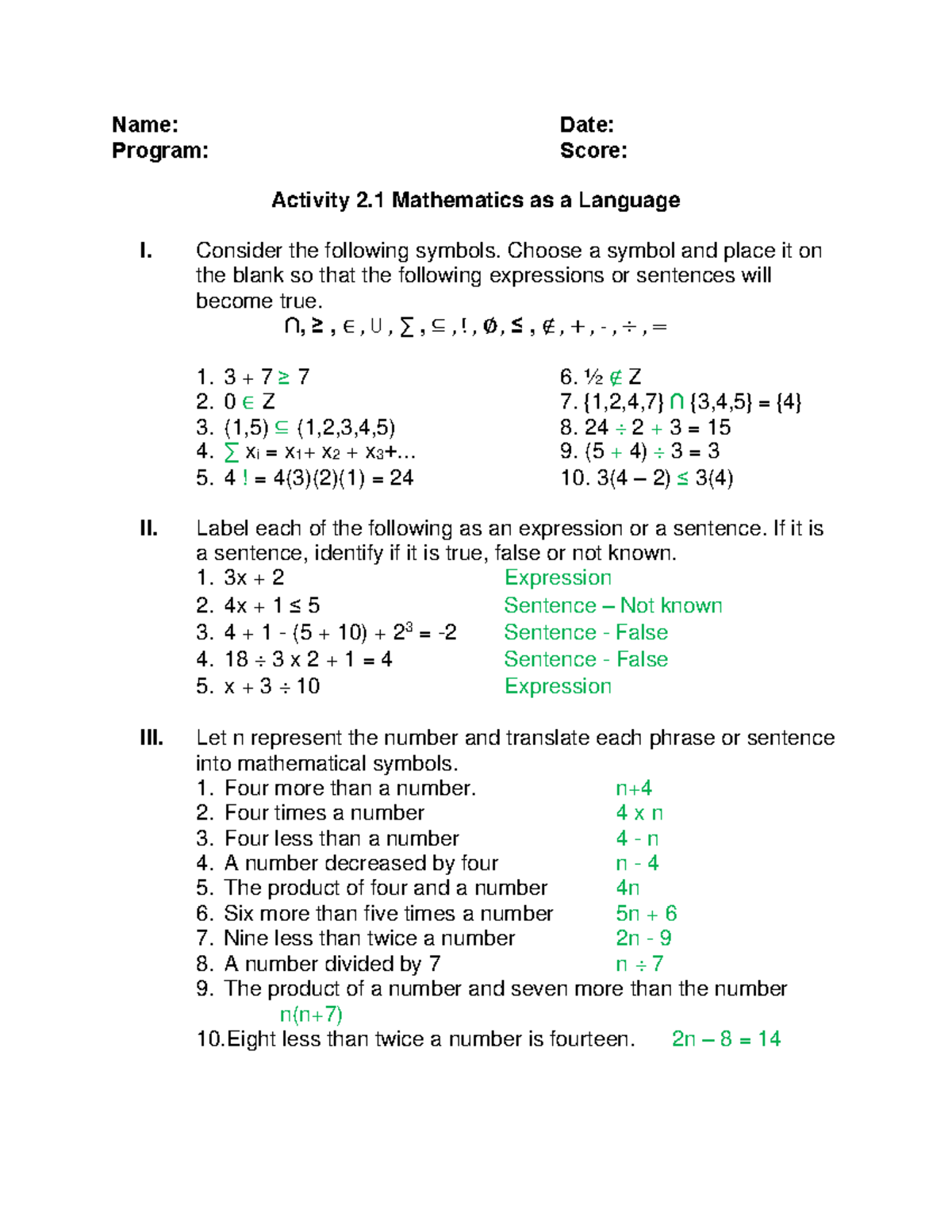 Mathematics as a Language - Consider the following symbols. Choose a ...