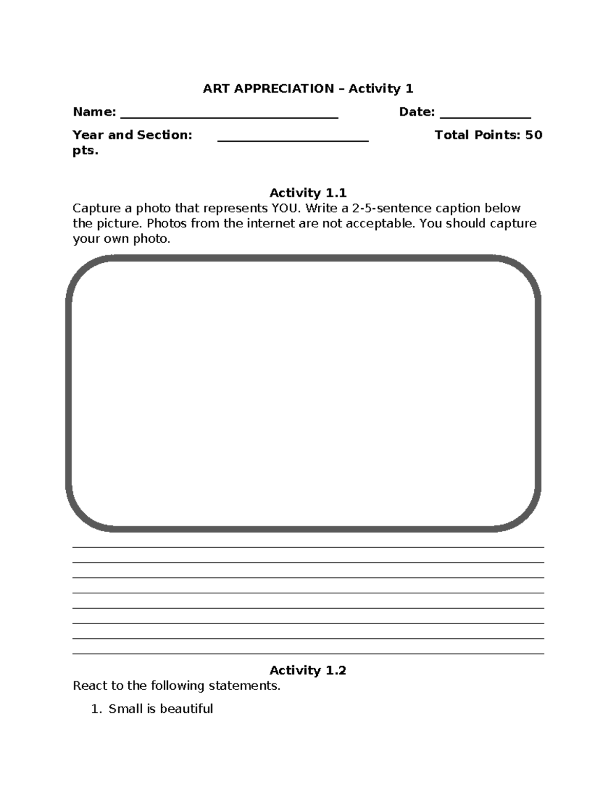 Art appreciation - ART APPRECIATION – Activity 1 Name