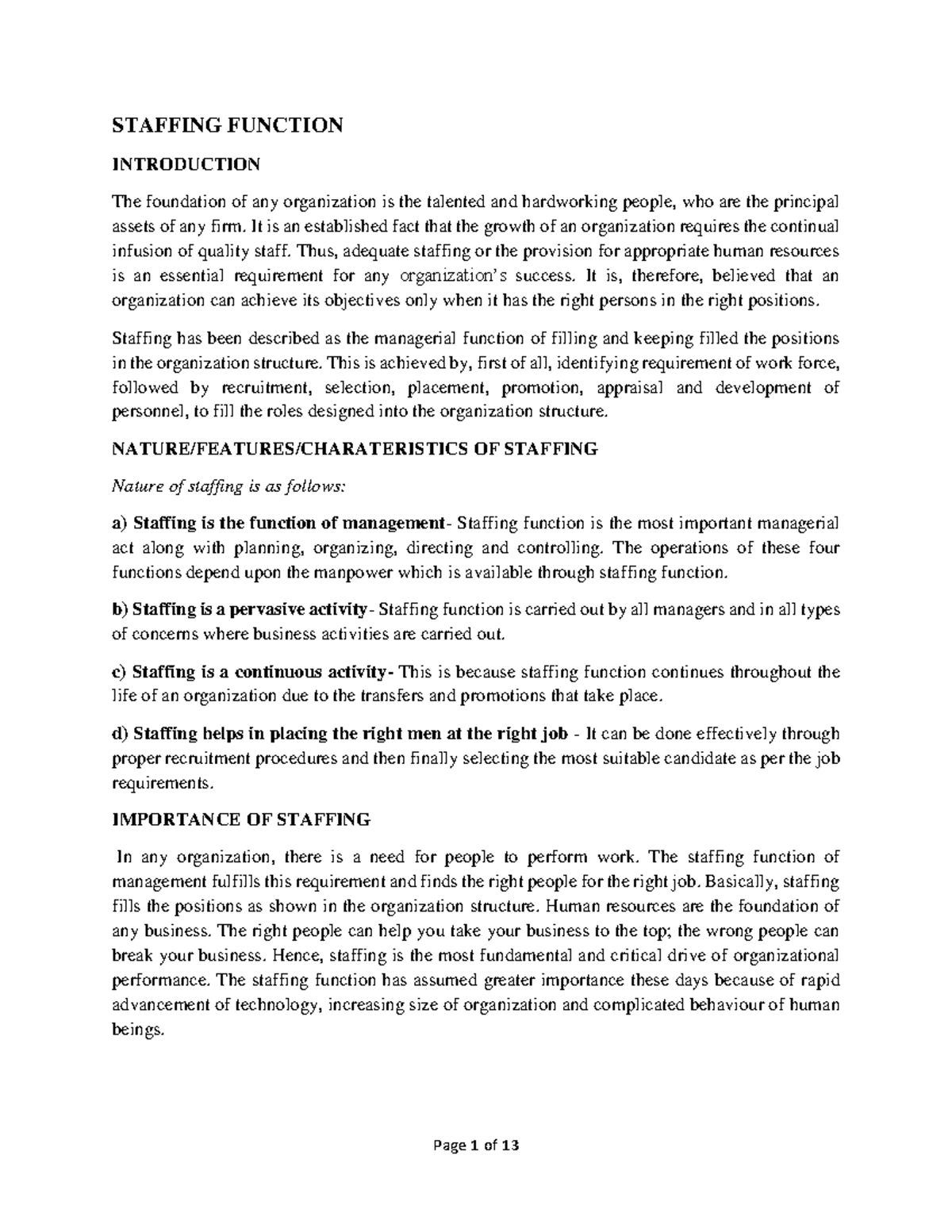 Staffing Function Notes - STAFFING FUNCTION INTRODUCTION The foundation ...