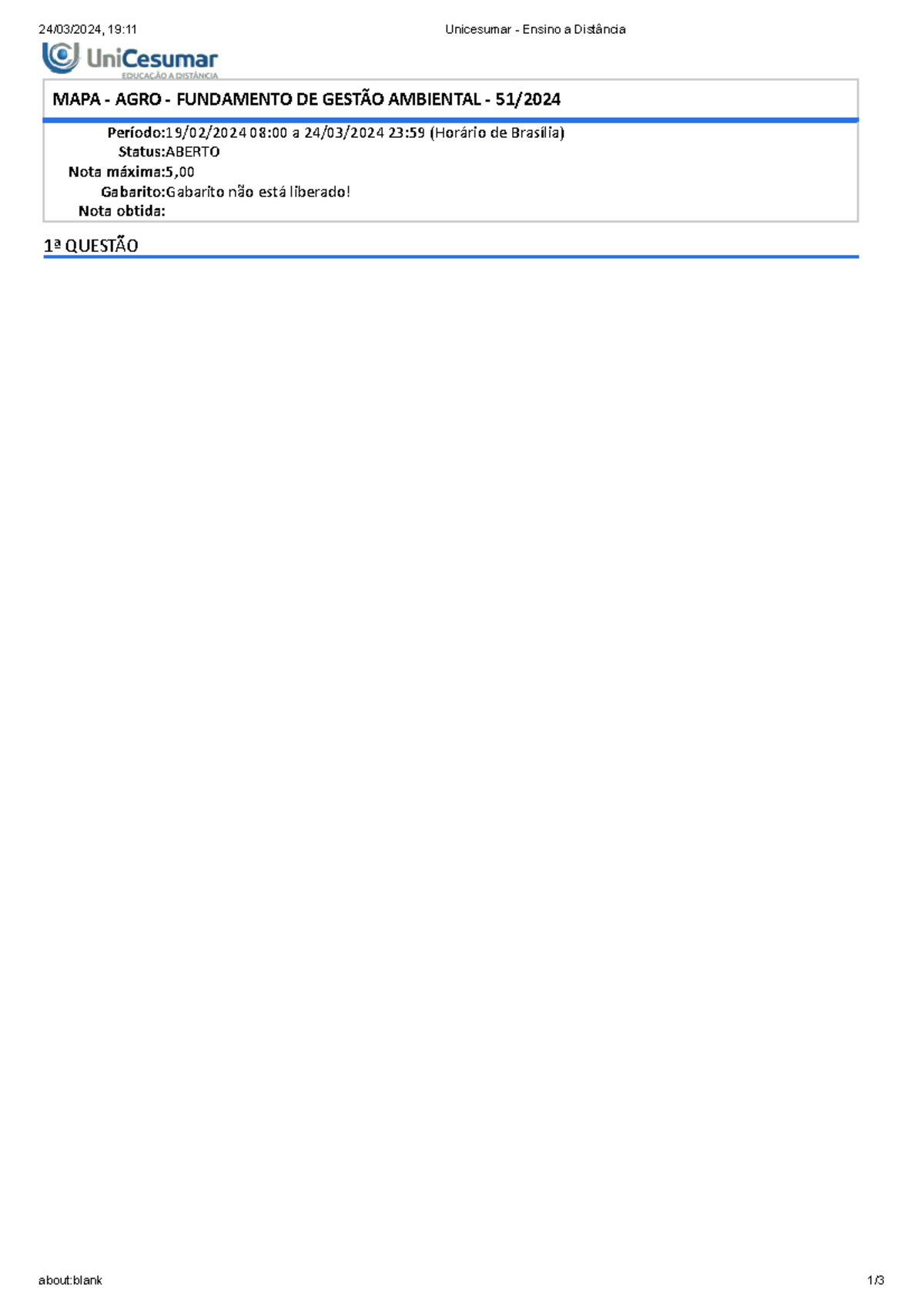Atividade MAPA - 24/03/2024, 19:11 Unicesumar - Ensino a Distância about:blank 1/ MAPA - AGRO ...