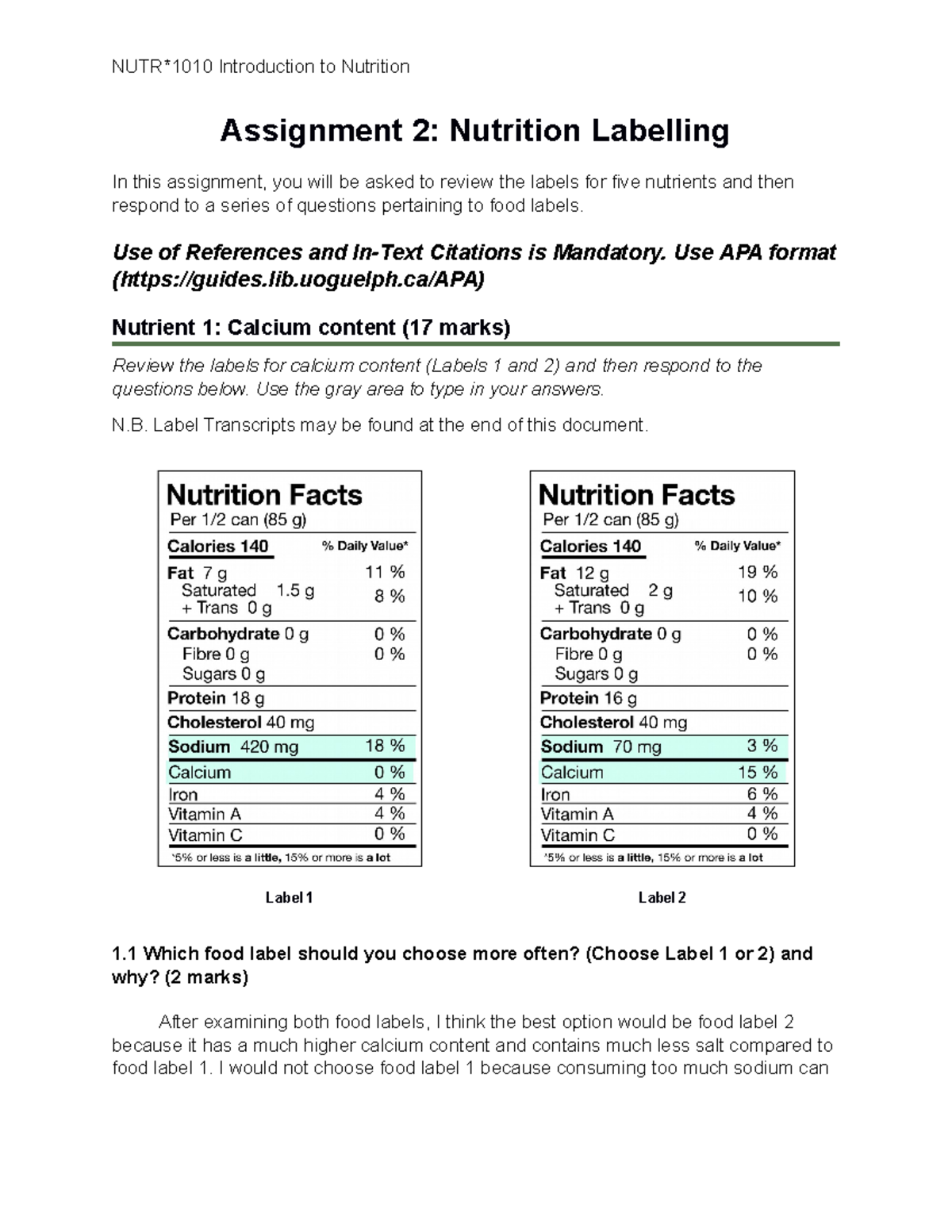 NUTR1010DE Assignment 2 Worksheet - Assignment 2: Nutrition Labelling ...