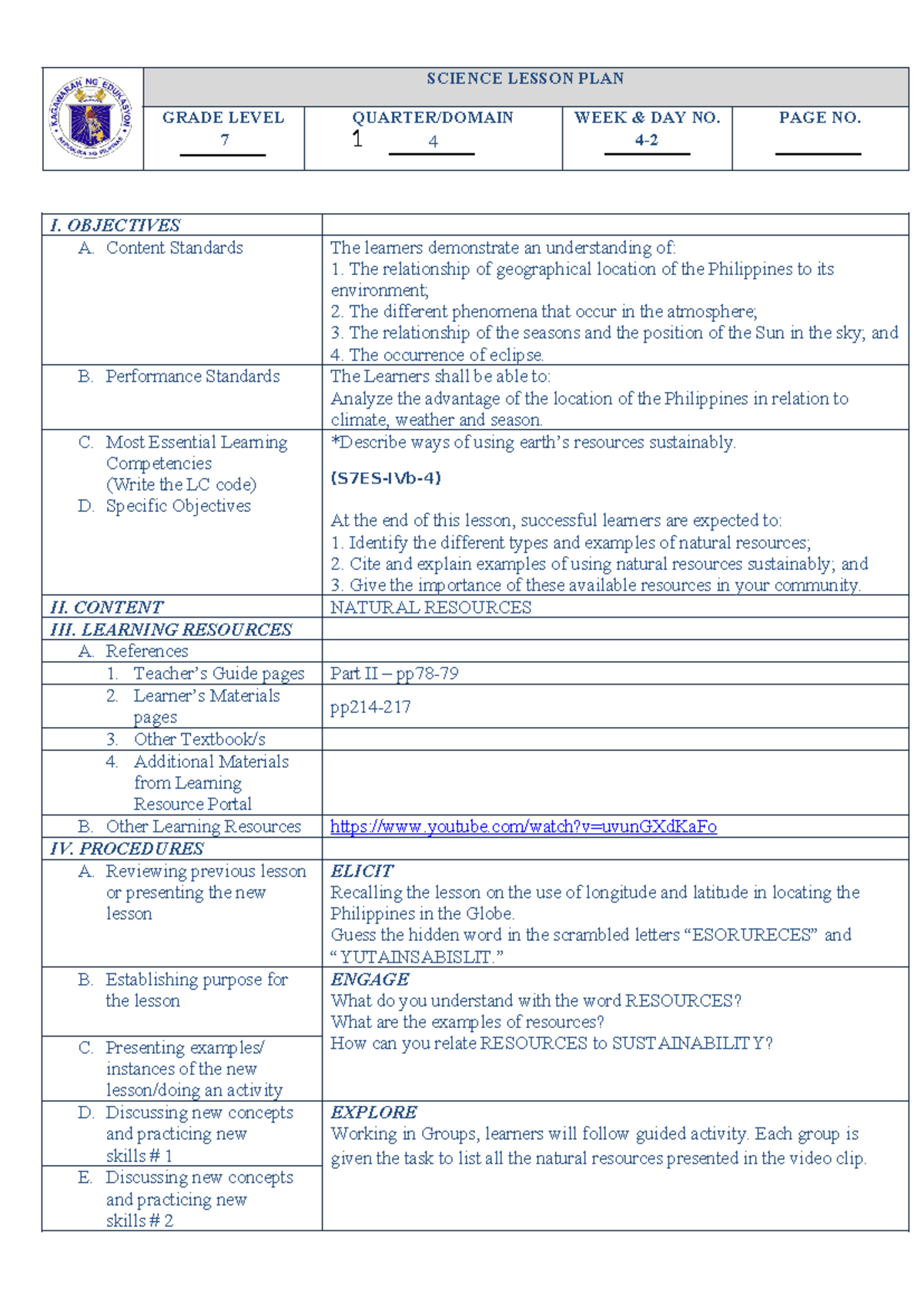 Lesson Plan on Science 7 Using our Natural Resources Sustainably - 1 I ...