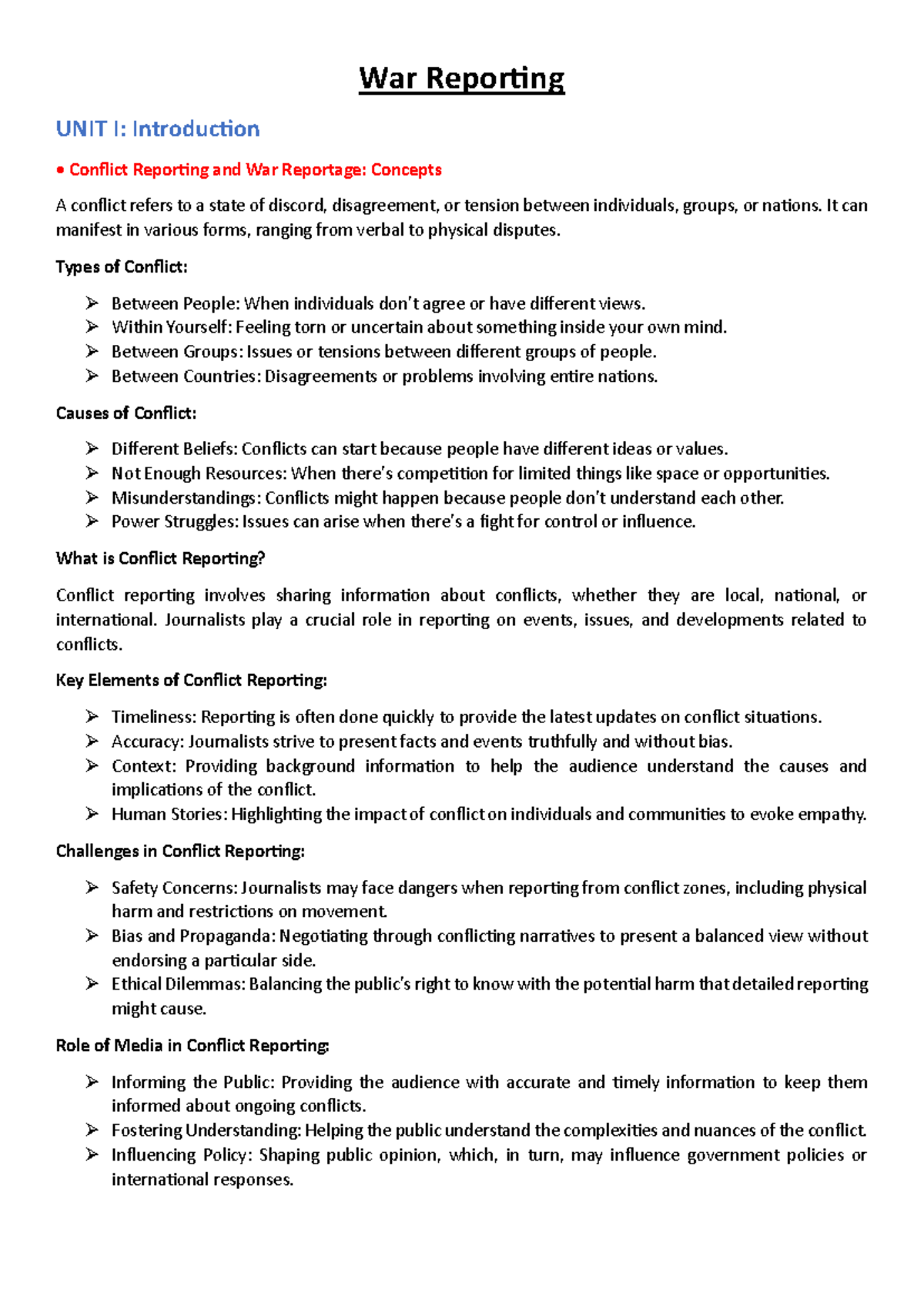 War Reporting - War Reporting UNIT I: Introduction • Conflict Reporting ...
