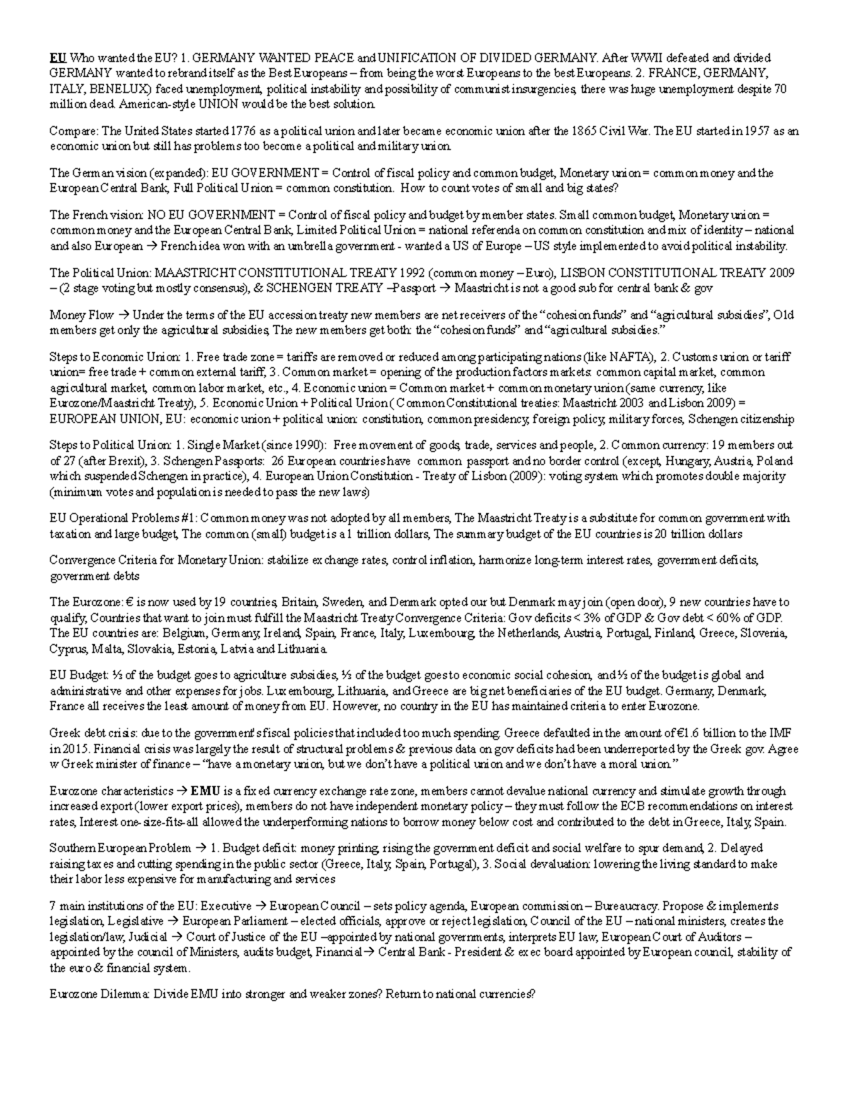 GPE Test 3 Study Guide - EU Who wanted the EU? 1. GERMANY WANTED PEACE ...