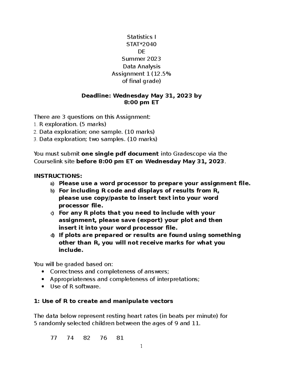 Data Analysis Assignment 1 2023 Gd Statistics I Stat De Summer 2023 Data Analysis Assignment