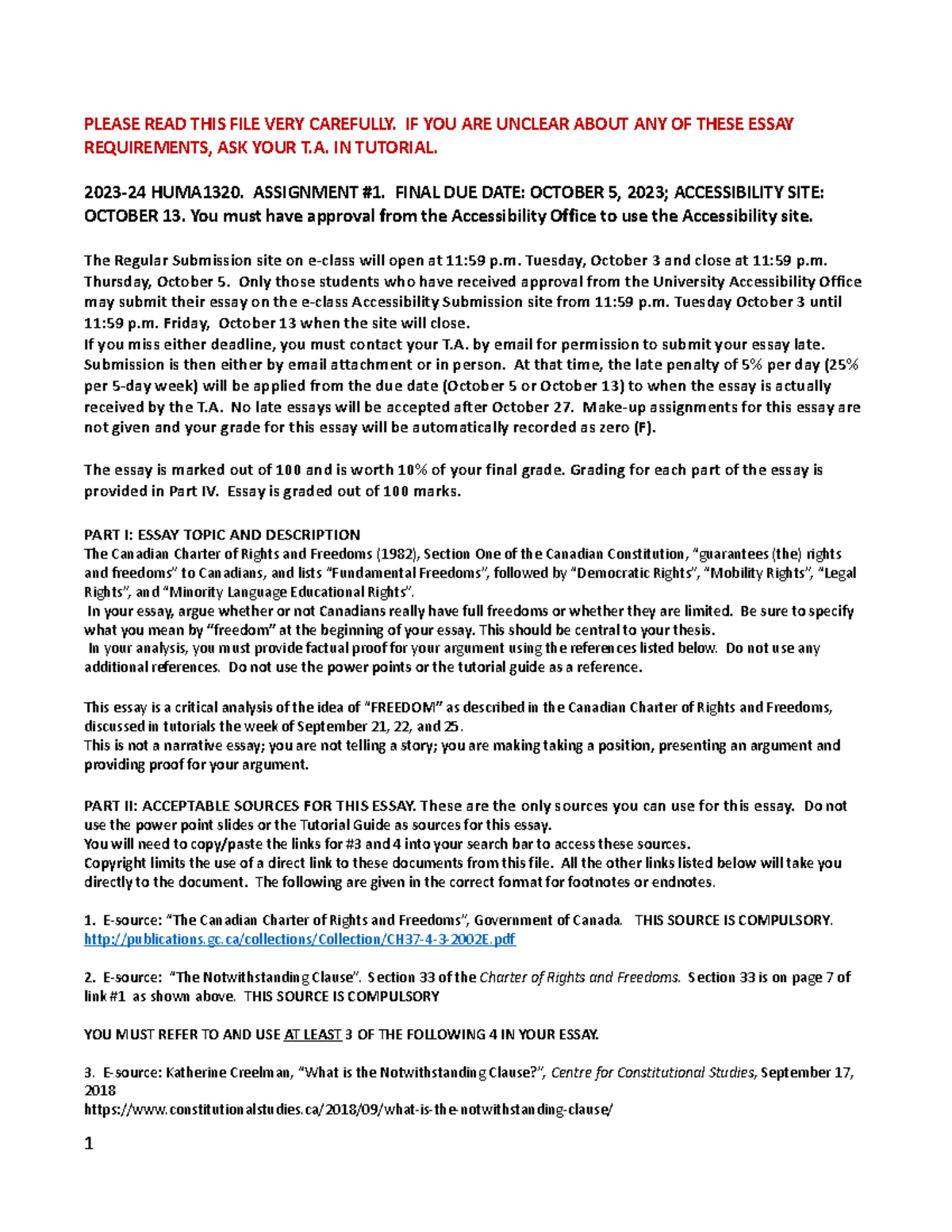 Assignment #1 Essay Instructions - PLEASE READ THIS FILE VERY CAREFULLY ...