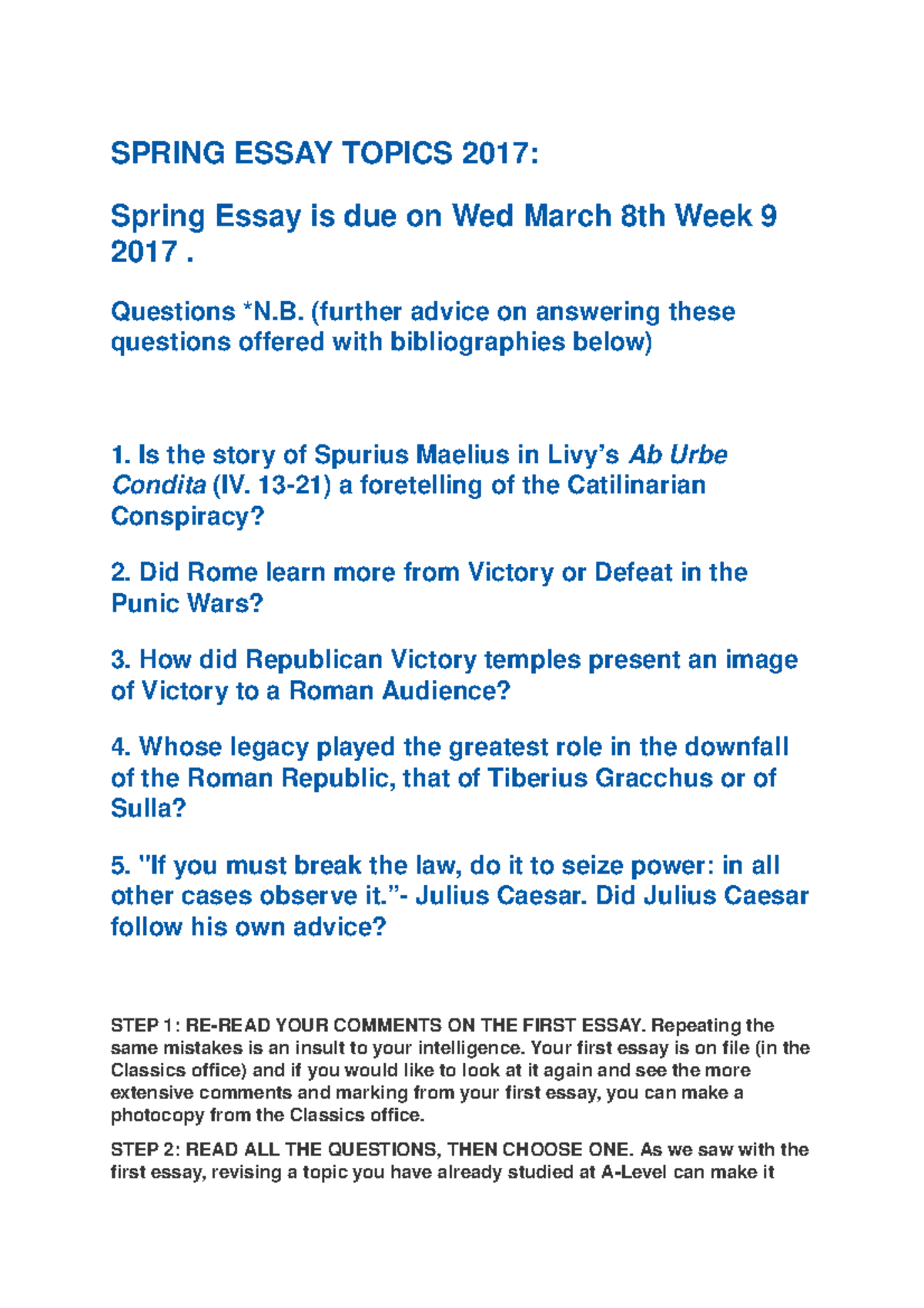 CX102 2016-2017 Essay 2 - SPRING ESSAY TOPICS 2017: Spring Essay is due ...