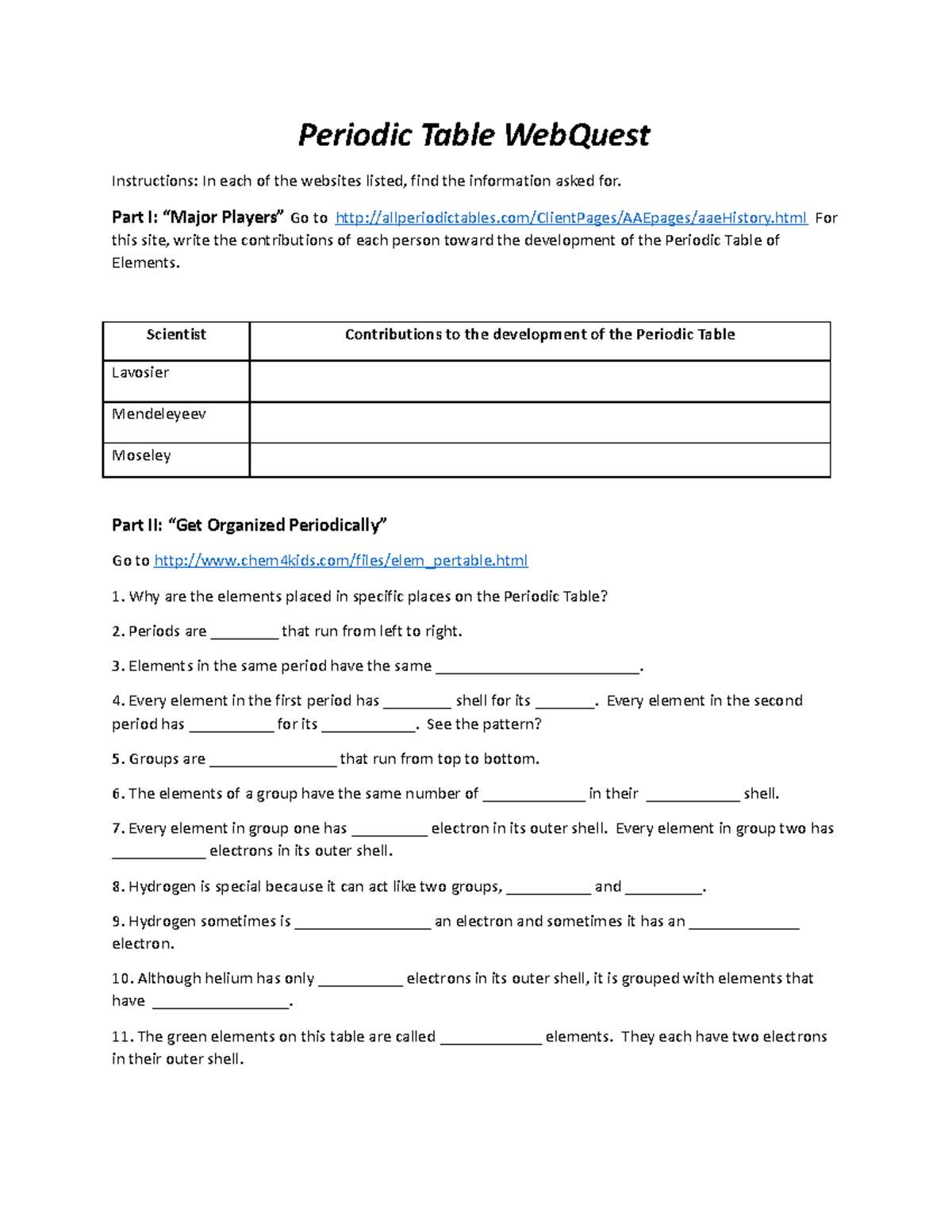 Periodic Table Web Quest - Periodic Table WebQuest Instructions: In ...