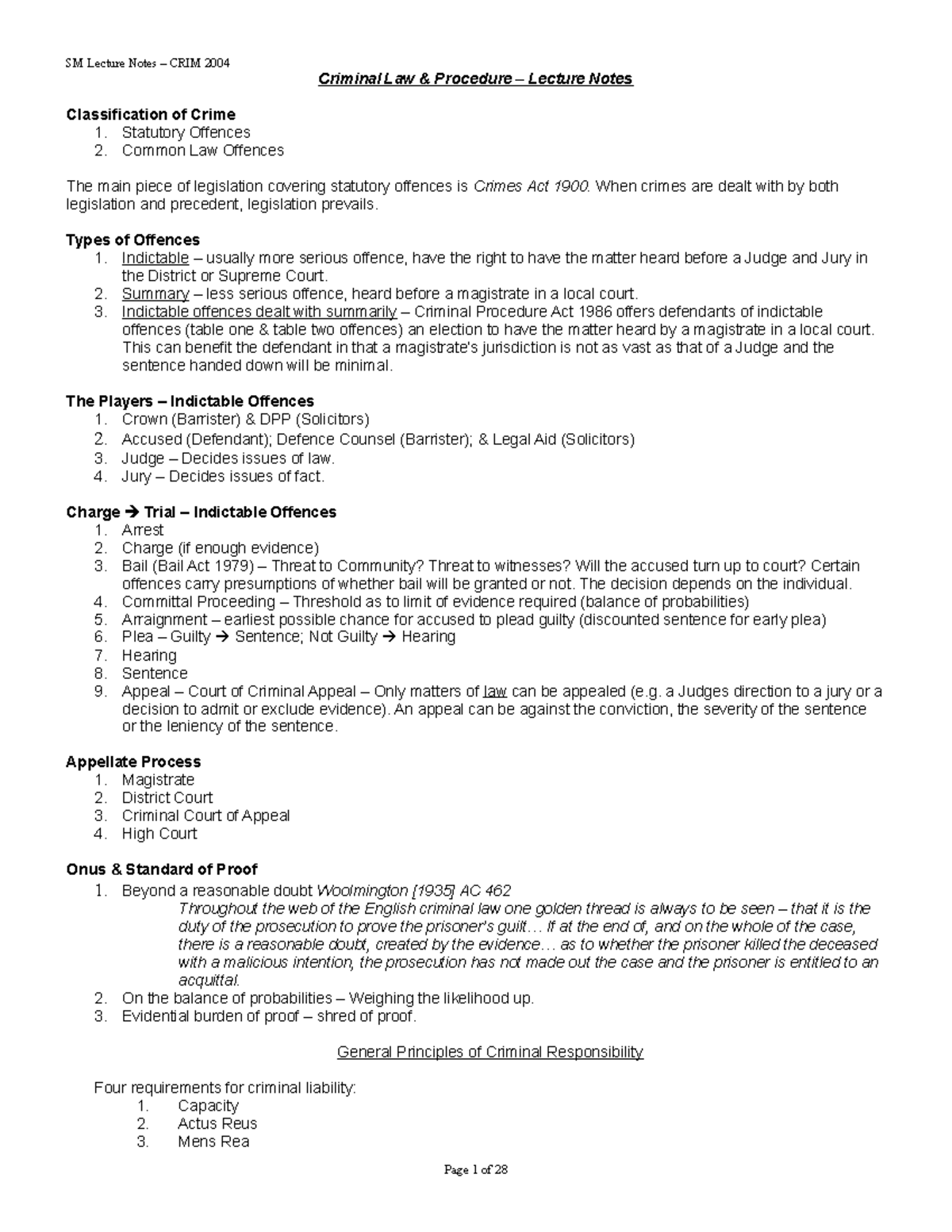 Summary Criminal Laws lectures, tutorial work - SM Lecture Notes CRIM ...