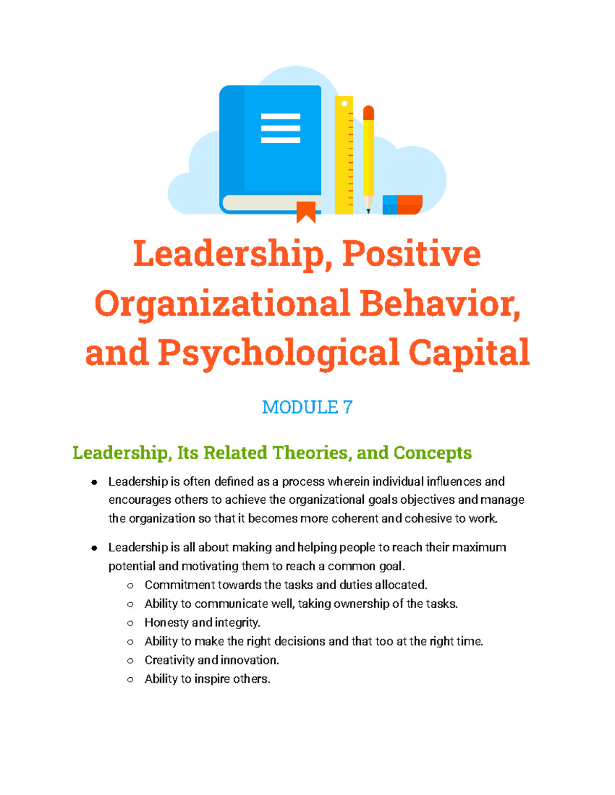 Module 7 - Lecture notes 7 - Leadership, Positive Organizational ...