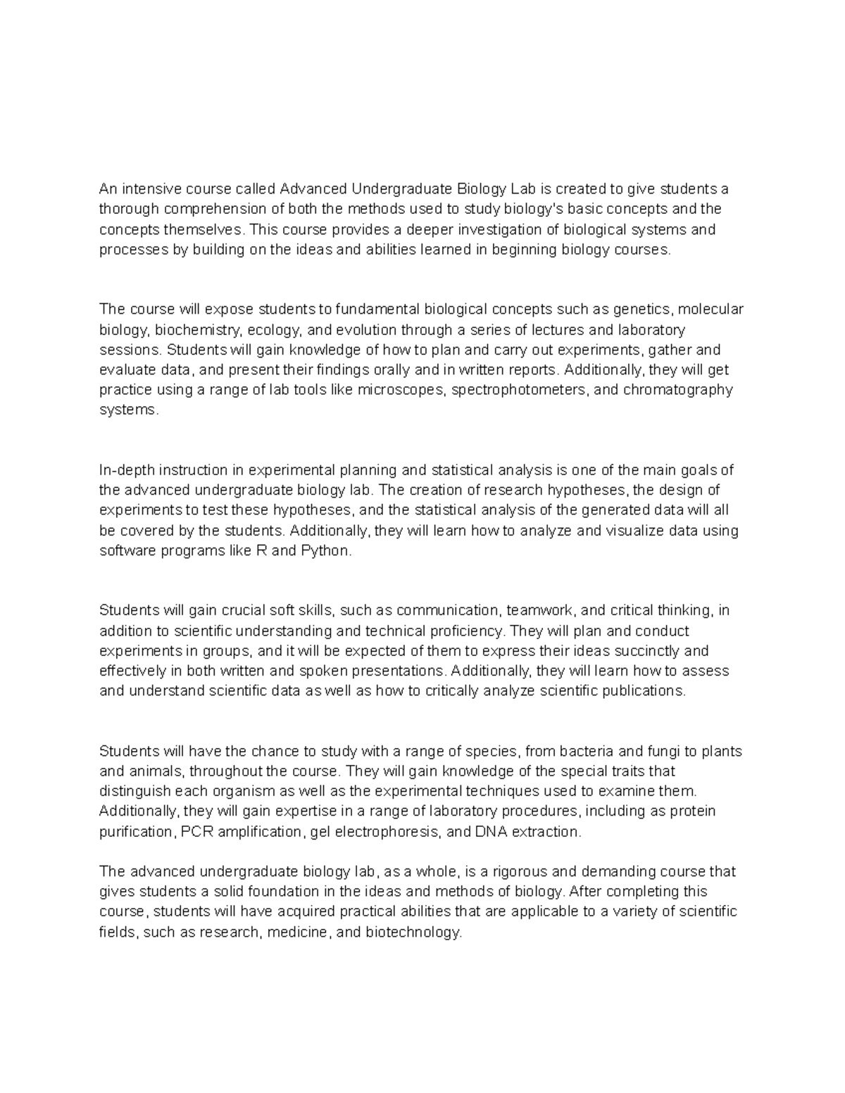 Notes on Advanced Undergraduate Biology Lab - An intensive course ...