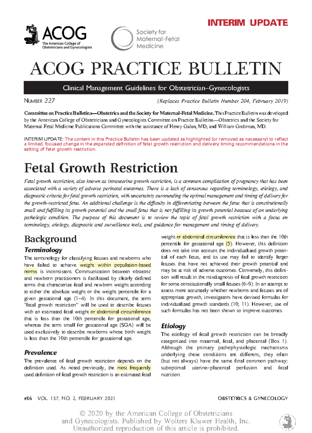 FETAL GROWHT RESTRICTION - INTERIM UPDATE ACOG PRACTICE BULLETIN ...
