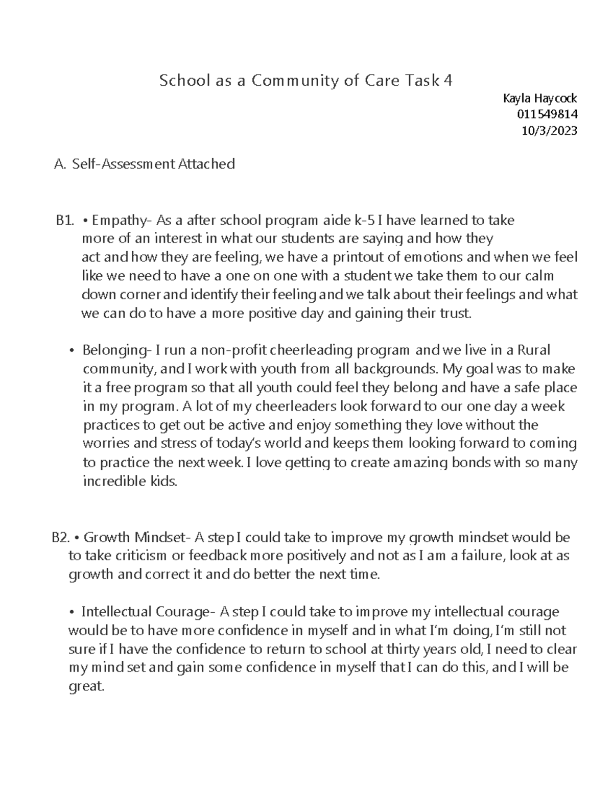 Task 4 - Task 4 - School as a Community of Care Task 4 Kayla Haycock ...
