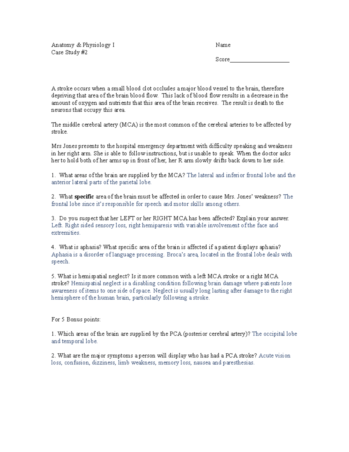 Brain case study - Anatomy & Physiology I Name Case Study # Score ...