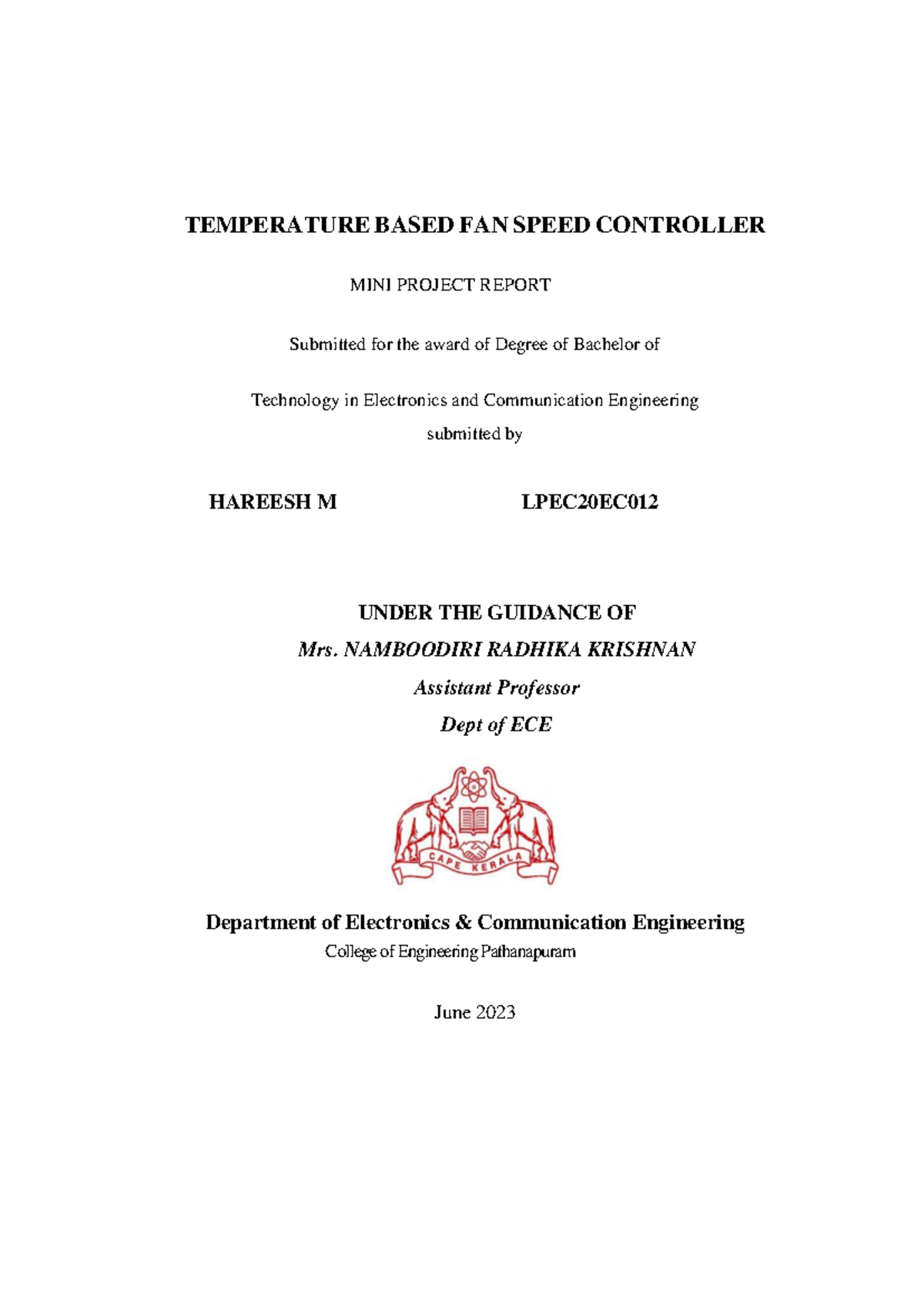 Colg eng project individual hareesh - TEMPERATURE BASED FAN SPEED ...