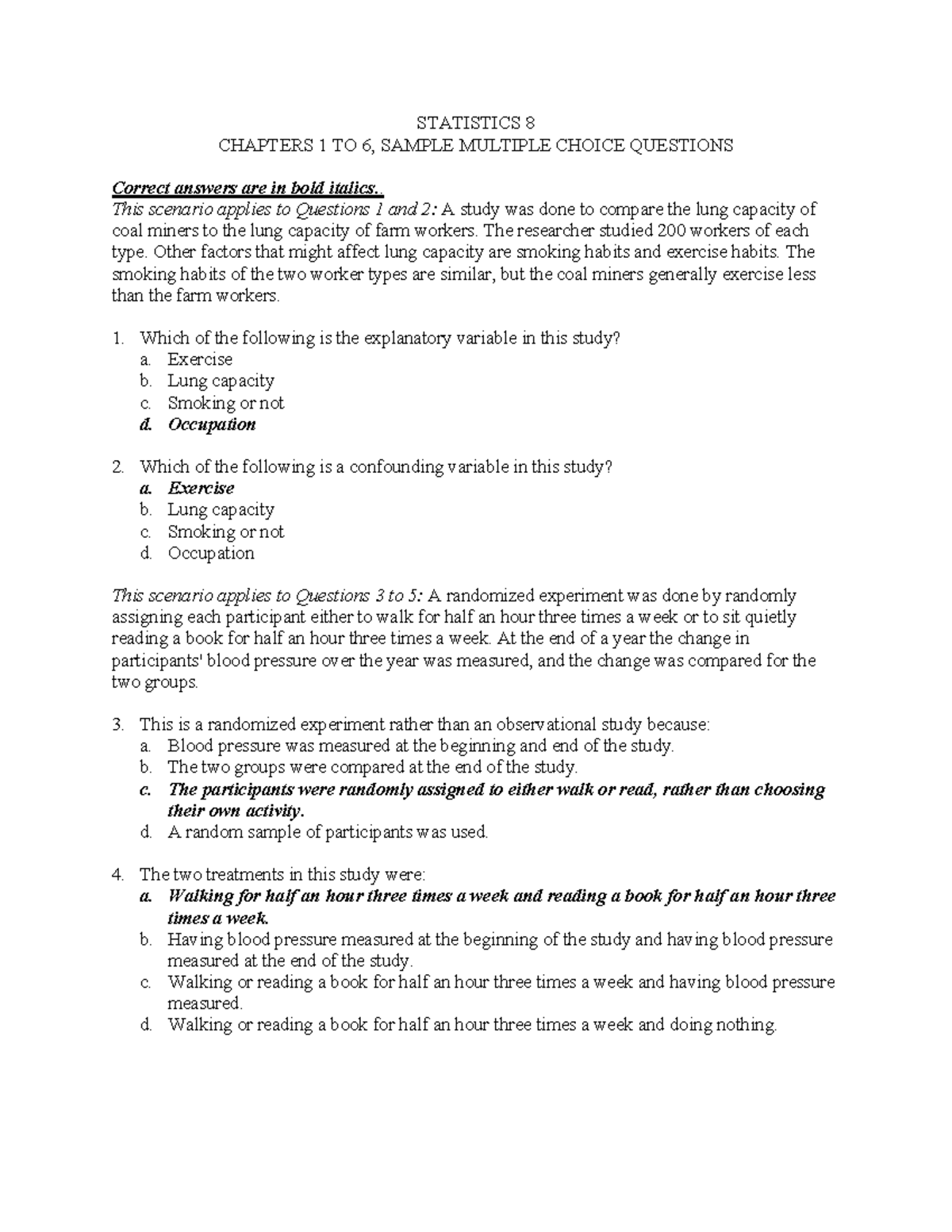Sample MT 1MCKey - STATISTICS 8 CHAPTERS 1 TO 6, SAMPLE MULTIPLE CHOICE ...