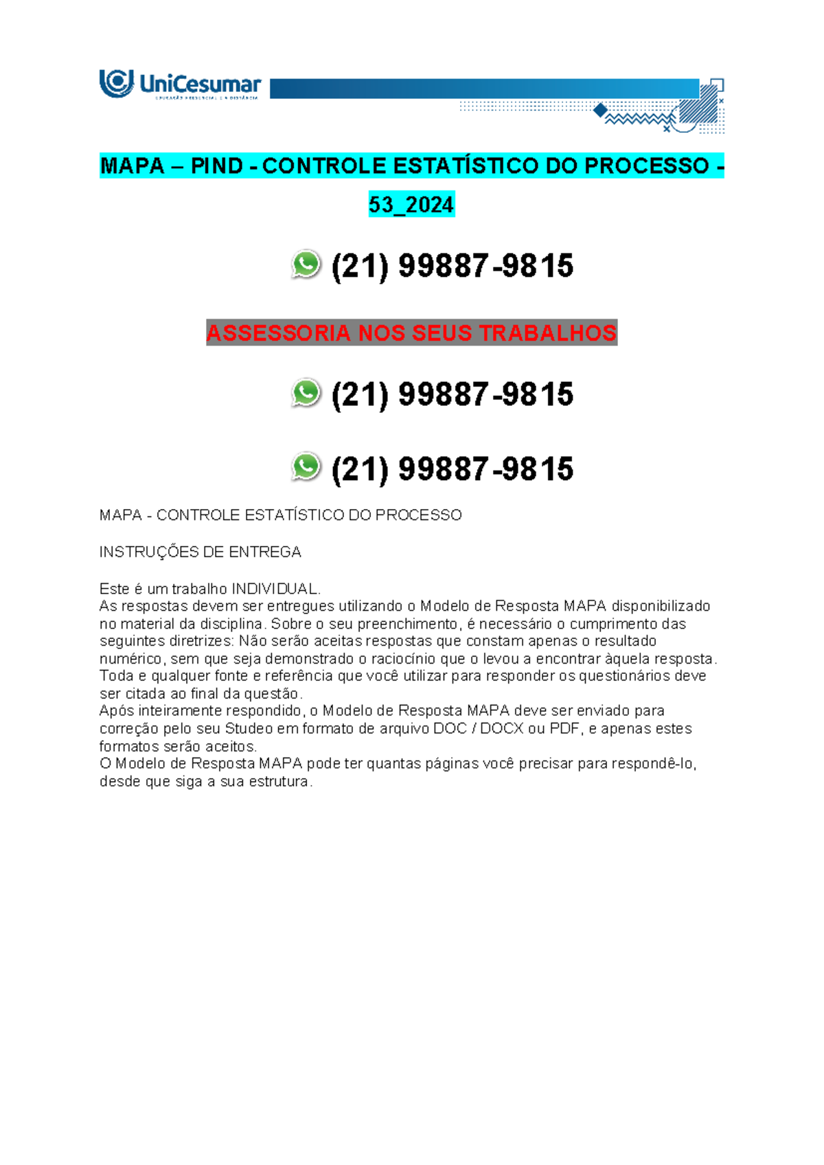 MAPA – PIND – CONTROLE ESTATÍSTICO DO PROCESSO – 53_2024 - MAPA – PIND ...