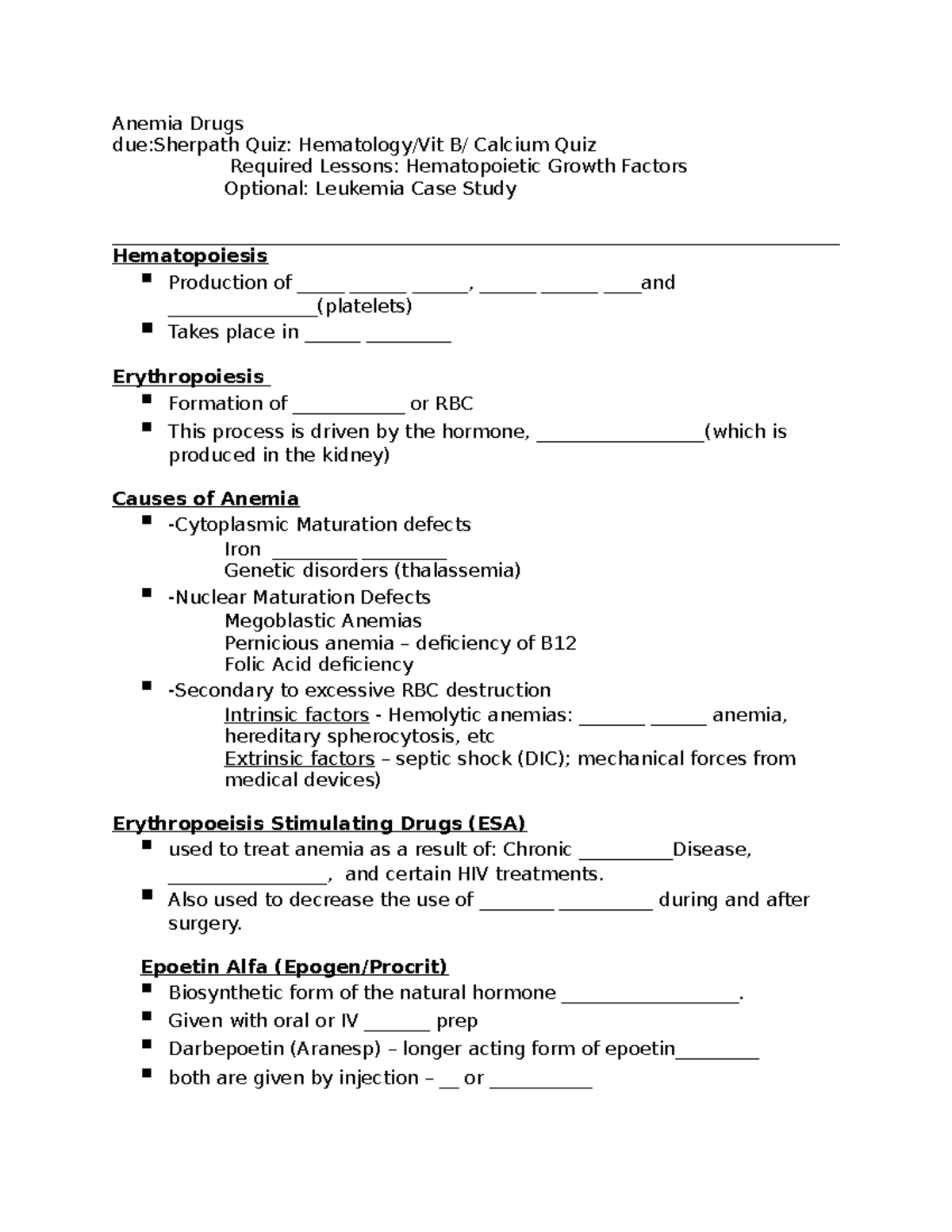 Anemia Handout - Nur 214 notes - Anemia Drugs due:Sherpath Quiz ...