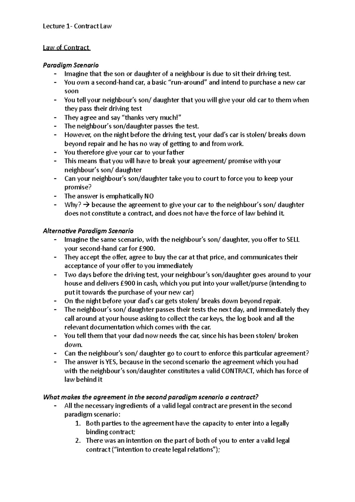Contract Lecture 1 - Law of Contract Paradigm Scenario Imagine that the ...