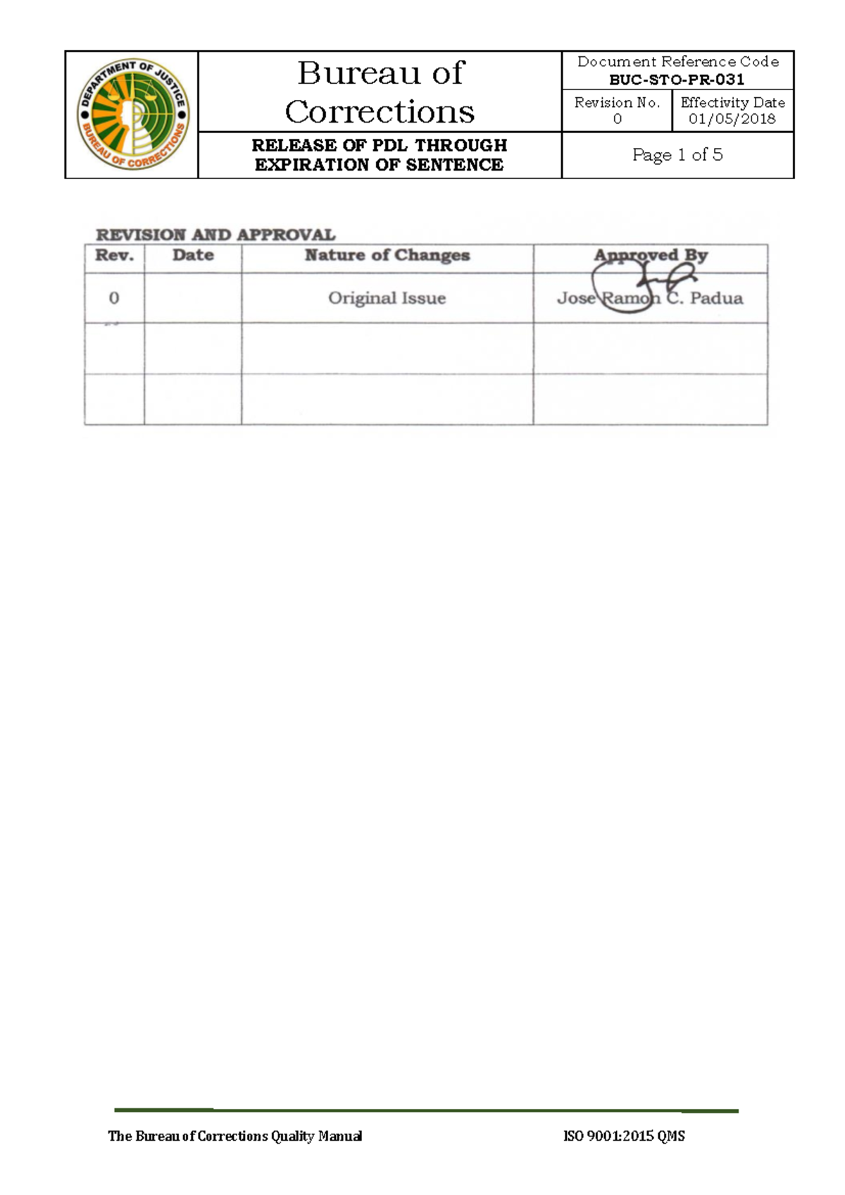 BUC STO PR 031 Release OF PDL - Bureau of Corrections BUC-STO-PR- 031 ...