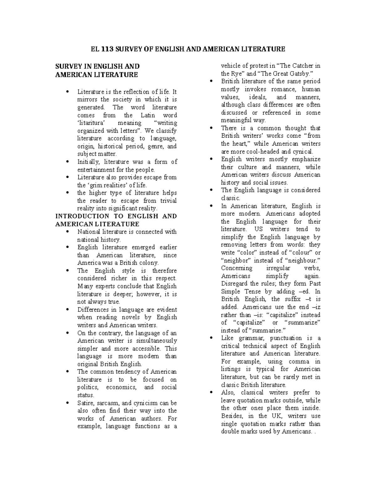 EL 113 Survey OF English AND American Literature - EL 113 SURVEY OF ...