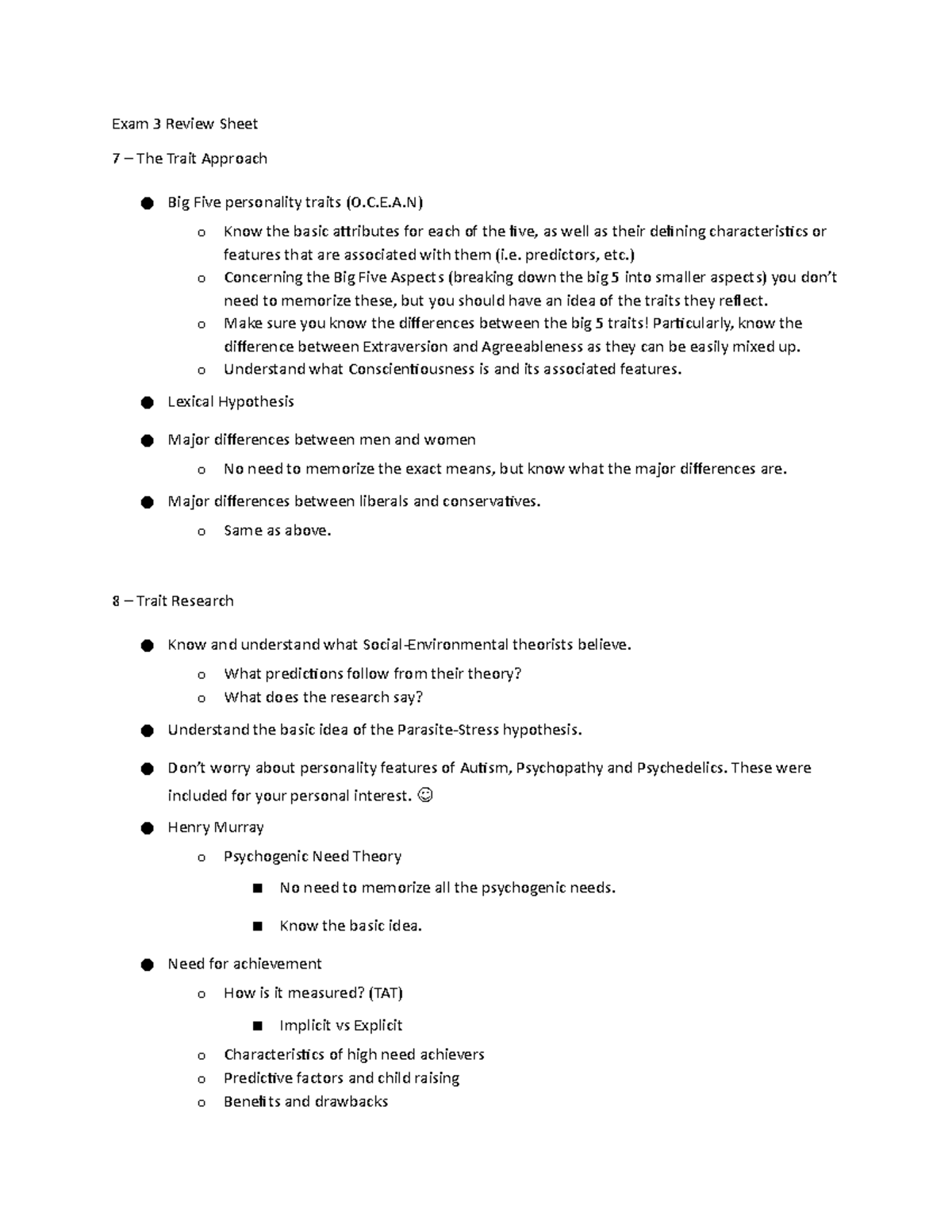 Exam 3 Review Sheet Psych 232 - Exam 3 Review Sheet7 – The Trait ...