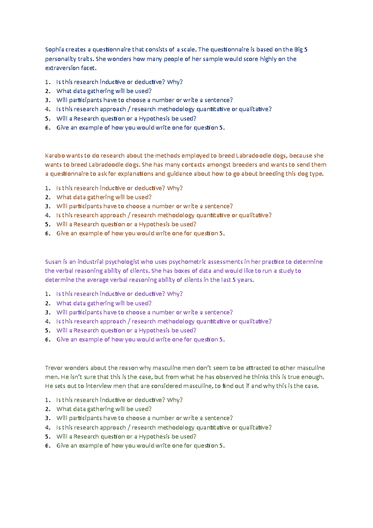 Scenarios Worksheet Approaches - Sophia creates a questionnaire that ...