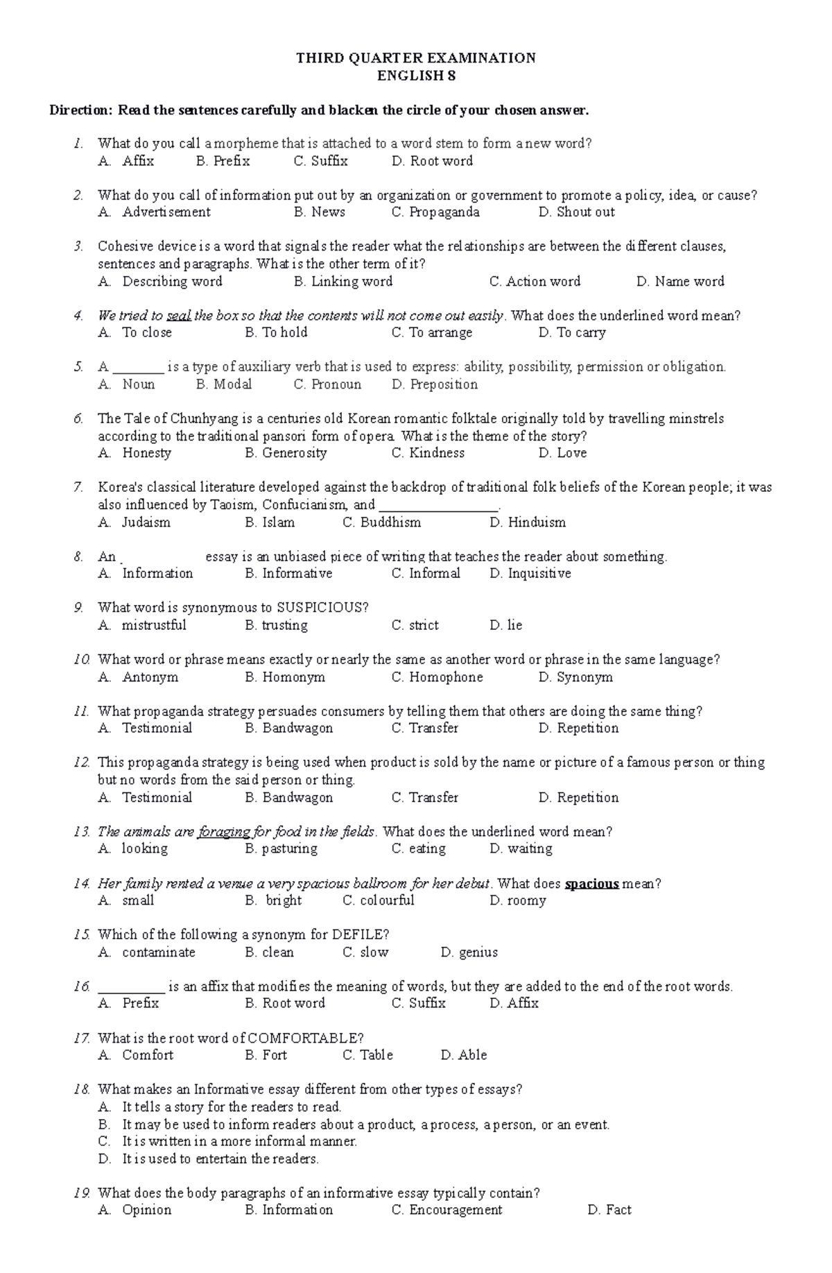 Eng8 pt - for exams - THIRD QUARTER EXAMINATION ENGLISH 8 Direction ...