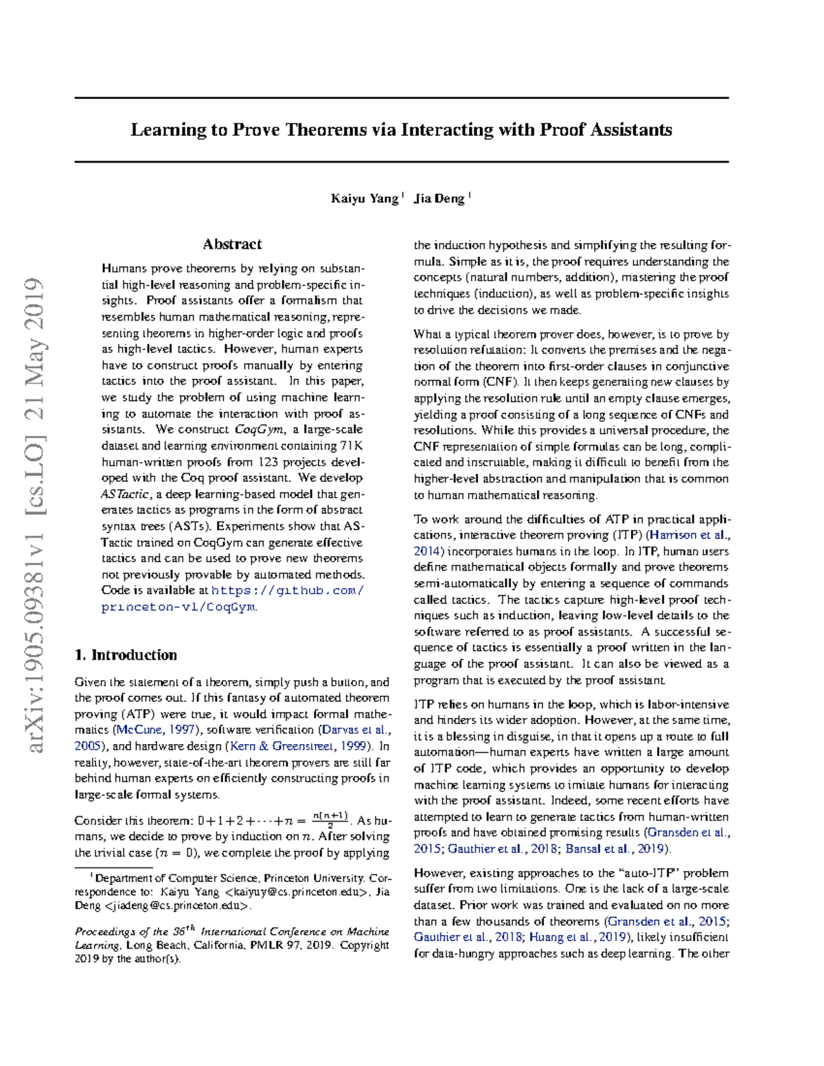 Learning to Prove Theorems via Interacting with Proof Assistants 1905 - Kaiyu Yang 1 Jia Deng 1 ...