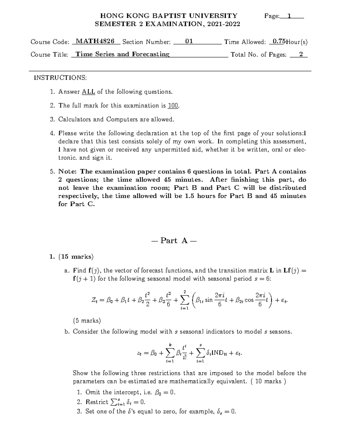 part A Exam of Time Series - MATH4826 01 0. Time Series and Forecasting ...