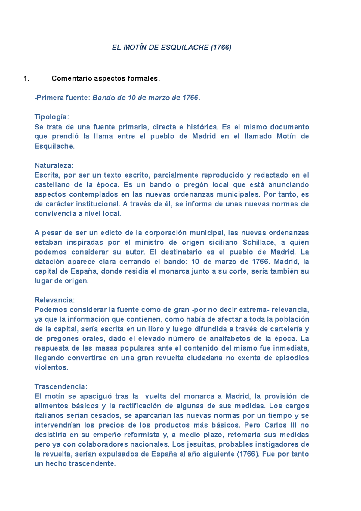 EL Motín DE Esquilache - EL MOTÍN DE ESQUILACHE (1766) Comentario ...