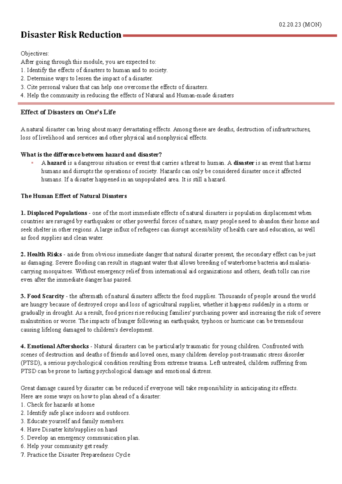 DRRR_Disaster Notes - 02.20 (MON) Disaster Risk Reduction Objectives ...