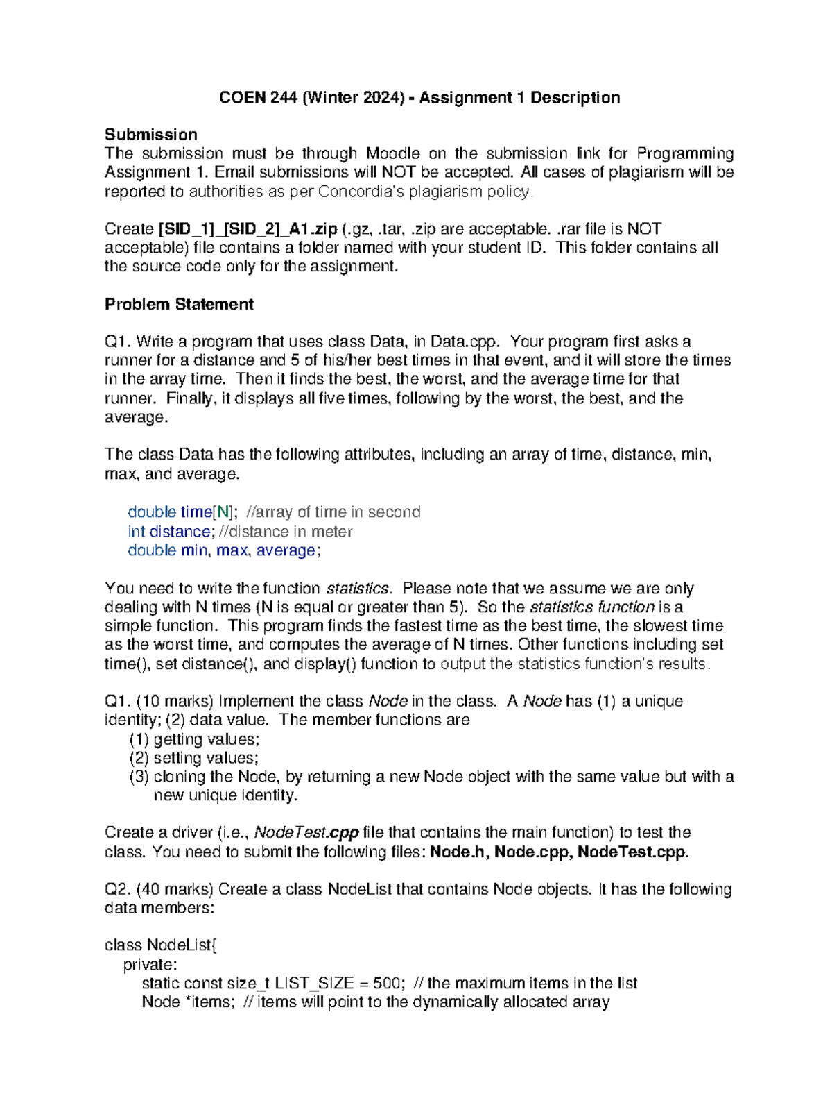 COEN244 A1 W2024 - ssignment 1 - COEN 244 (Winter 2024 ) - Assignment 1 Description Submission ...