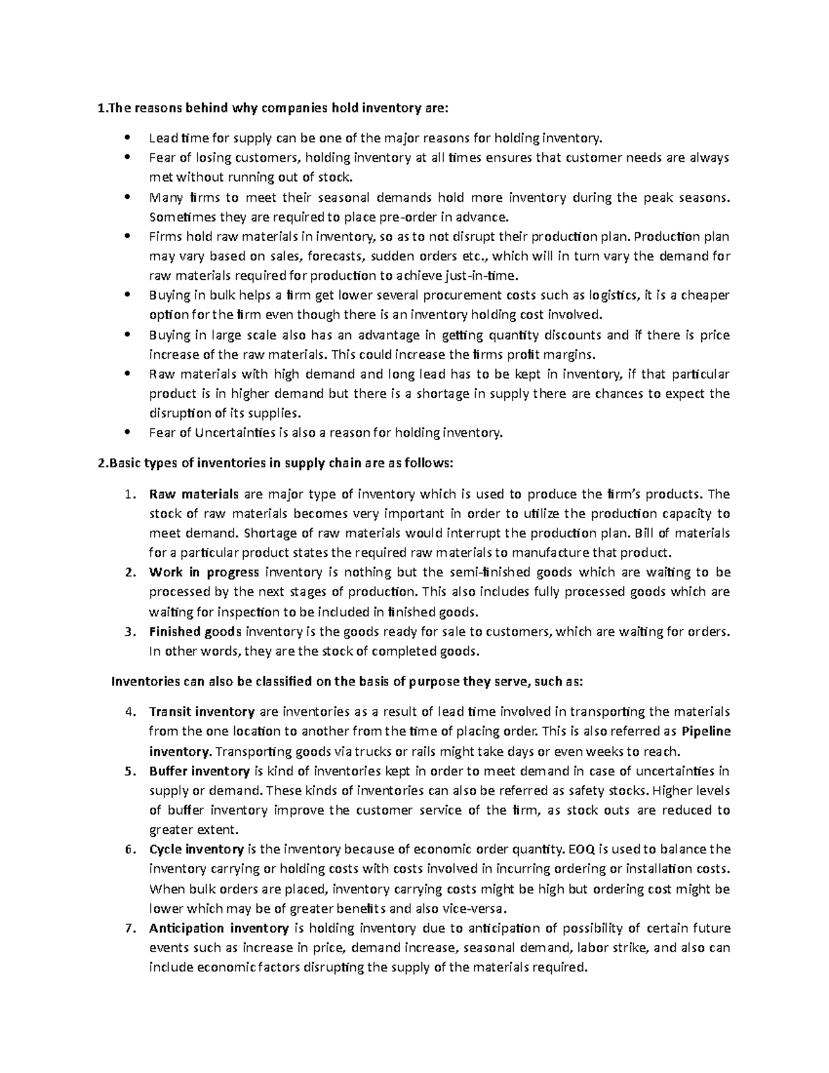 SCM material - Lecture notes 1 - 1 reasons behind why companies hold ...