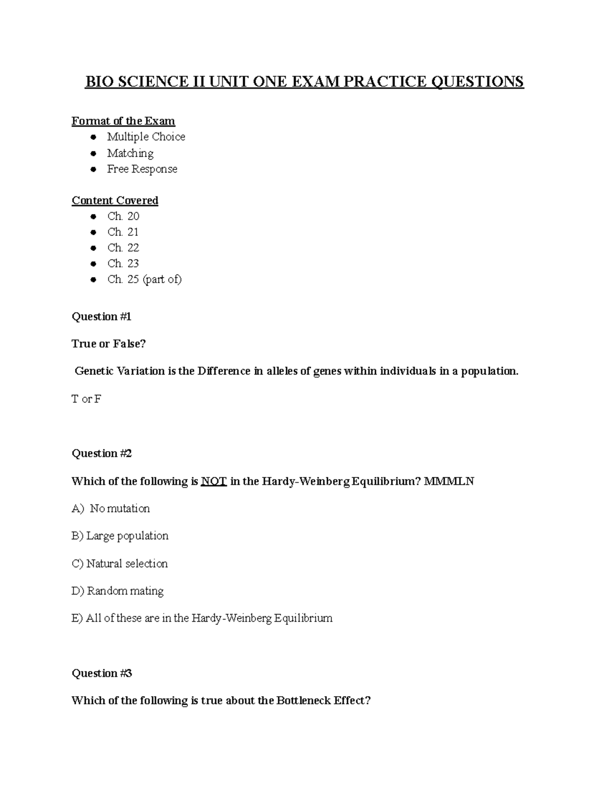 Bio II Exam I Practice Questions - BIO SCIENCE II UNIT ONE EXAM ...