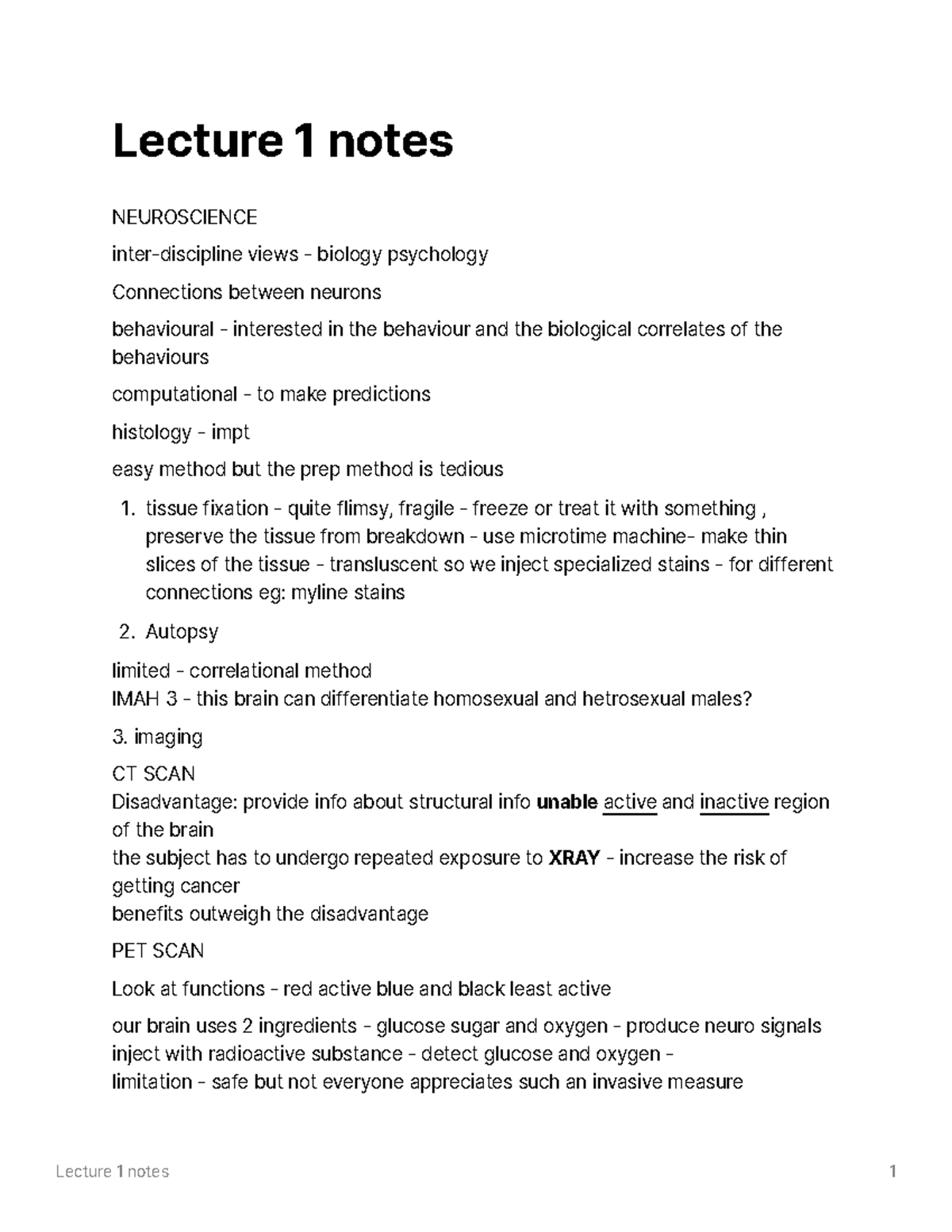 Lecture 1 notes - Lecture 1 notes NEUROSCIENCE inter-discipline views ...