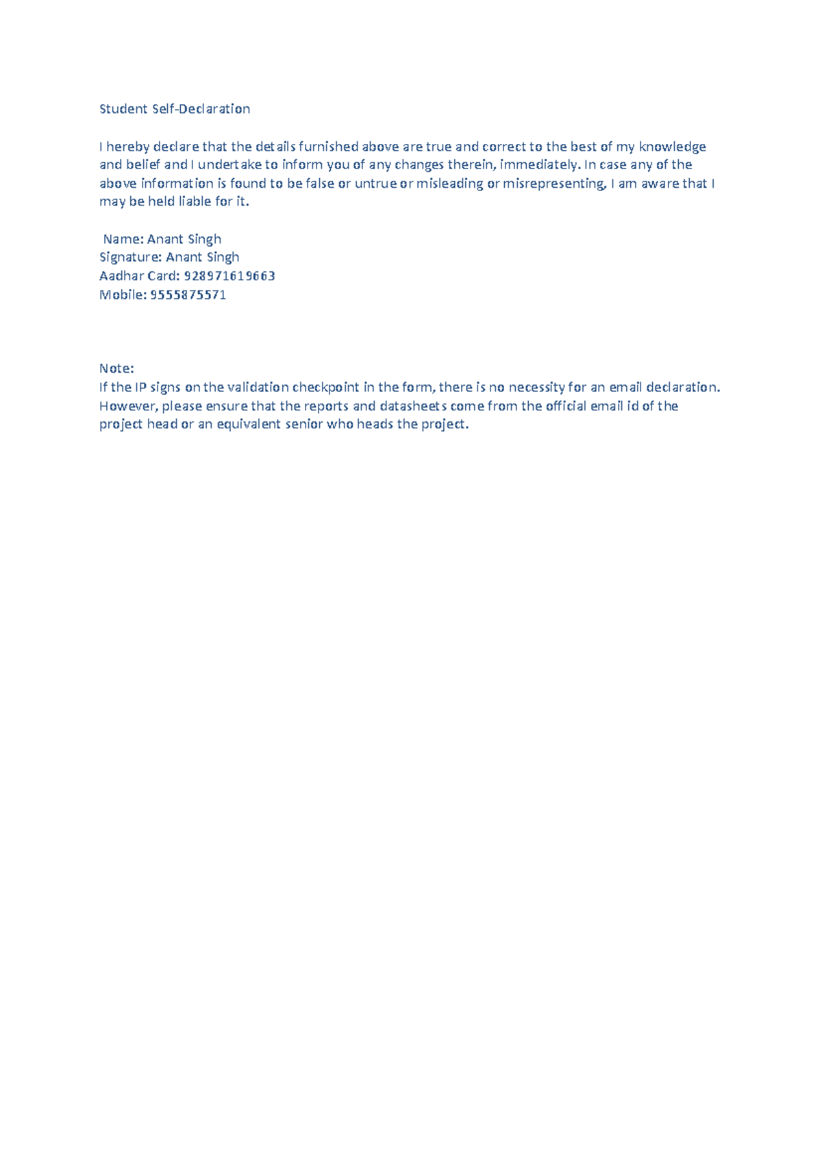 Training Declaration Form - Student Self-Declaration I hereby declare ...