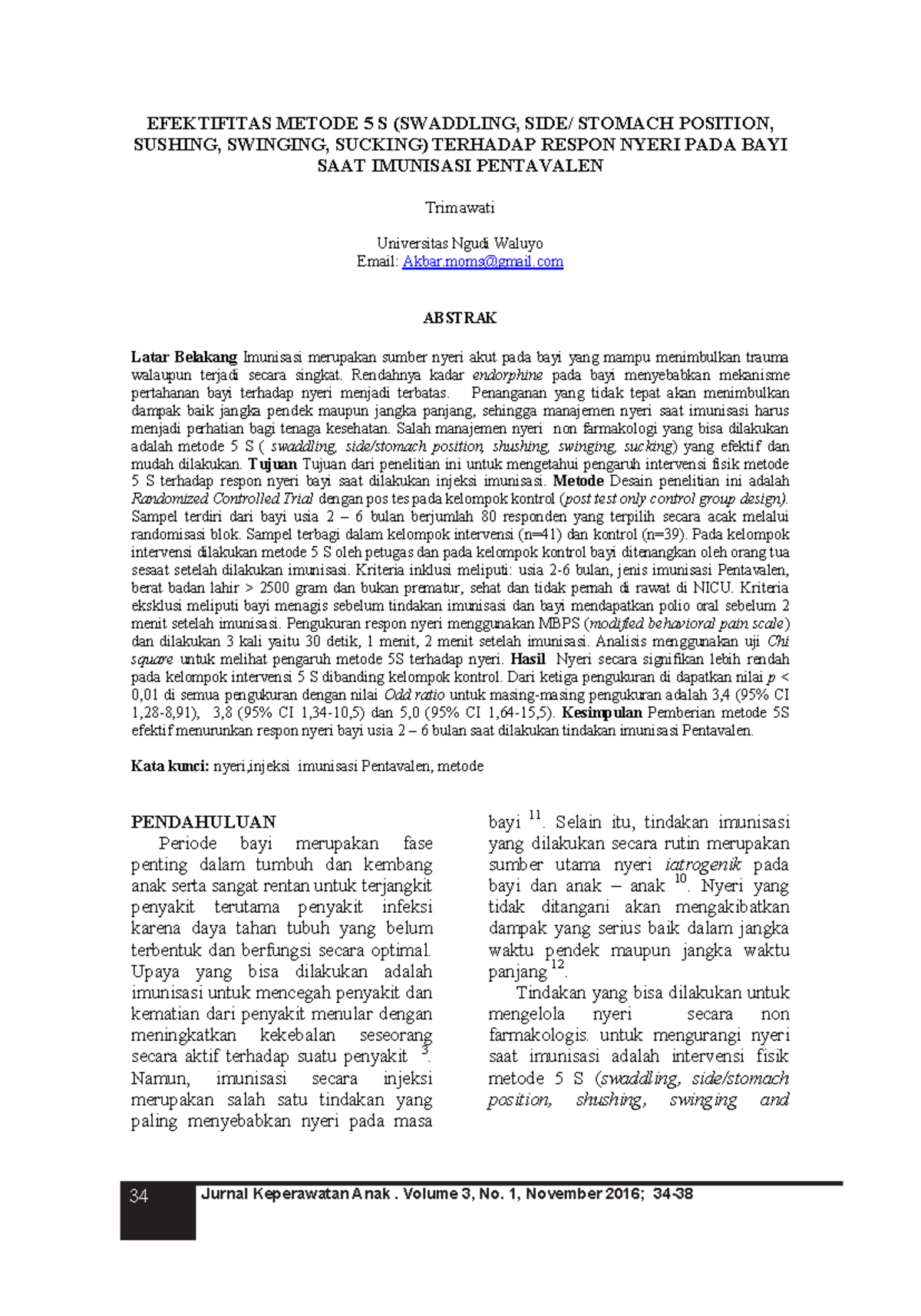 3984 8344 1 SM - JURNAL - 34 Jurnal Keperawatan Anak. Volume 3, No. 1, November 2016; 34- - Studocu