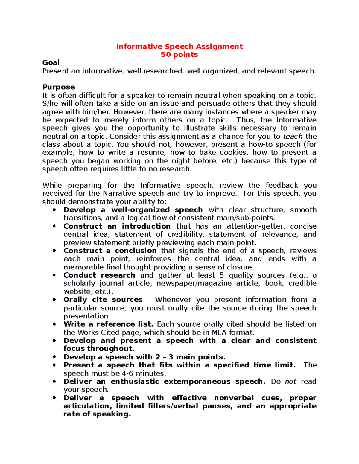 Informative Speech Assignment and Outline - Informative Speech ...